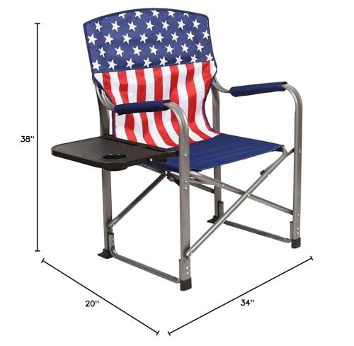 Kamp-Rite Portable Folding Outdoor Beach Patio Lawn Director's Chair w/Side Table & Cup Holder for Camping, Tailgating, and Sports, USA Flag