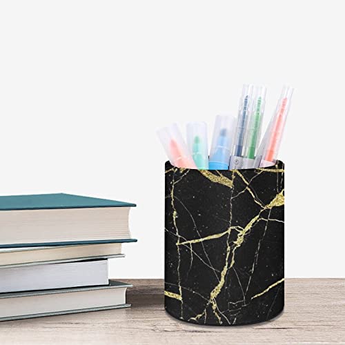 Gold and Black Marble Texture Pen Holder PU Leather Pencil Cup Cute Desk Organizer Makeup Brush Box for Home Office