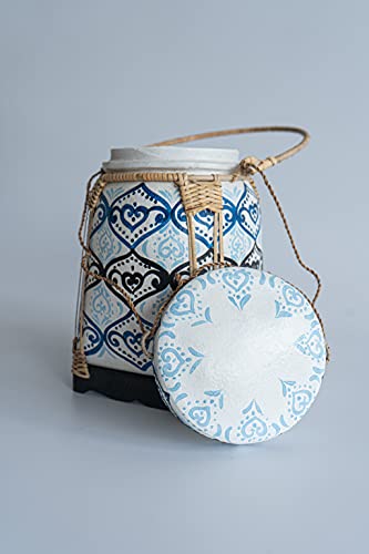 Siam Sawadee White Weaved Bamboo Rice Basket, Hand Woven Thai Rattan Jar, Handcrafted Traditional Household Wicker Container, Moroccan Pattern Painted, Handmade in Thailand, 7x12 inches