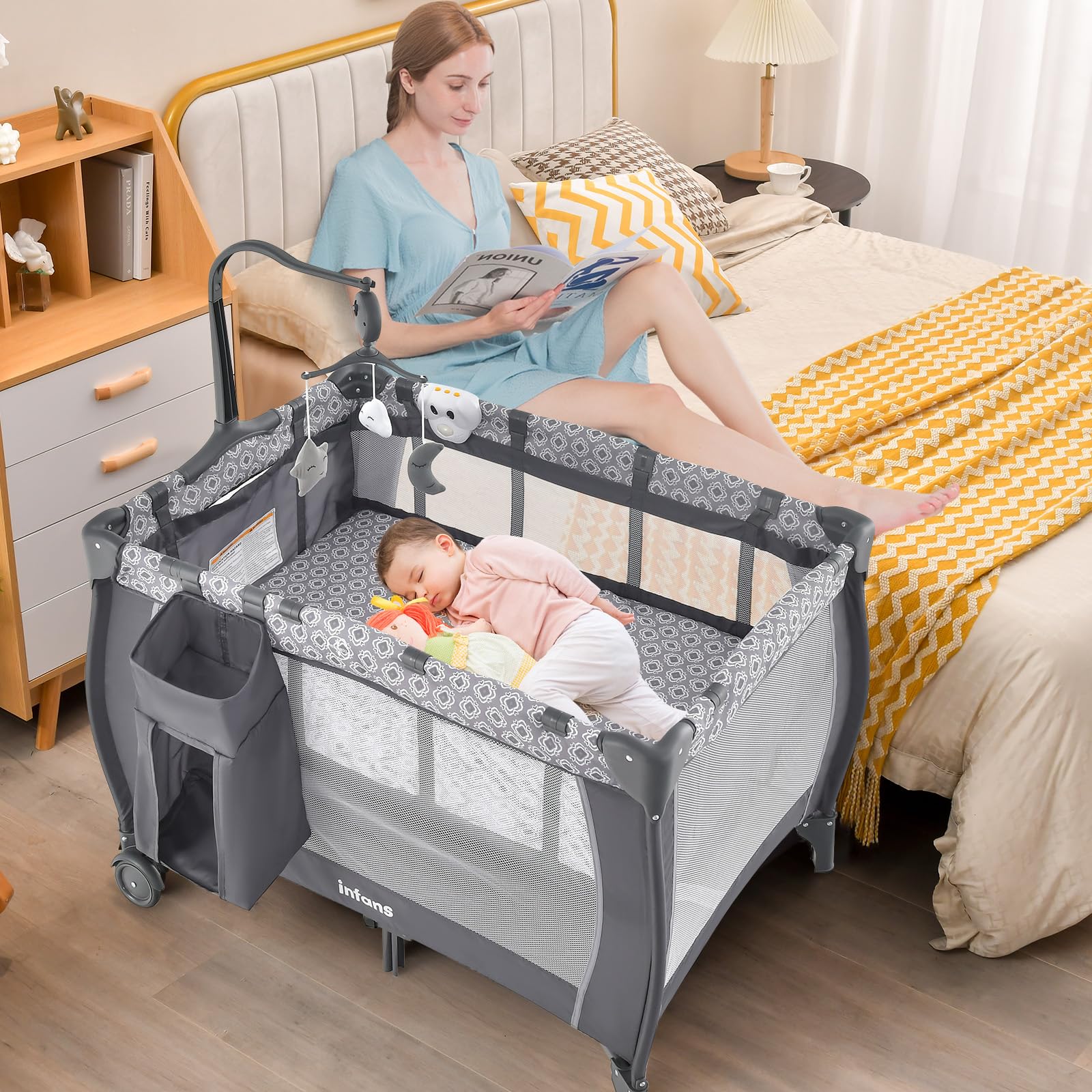 INFANS 3 in 1 Pack and Play, Portable Travel Baby Crib Bassinet with Detachable Mattress, Newborn Changing Table, Foldable Playpen with Carry Bag and 2 Wheels (Classic)