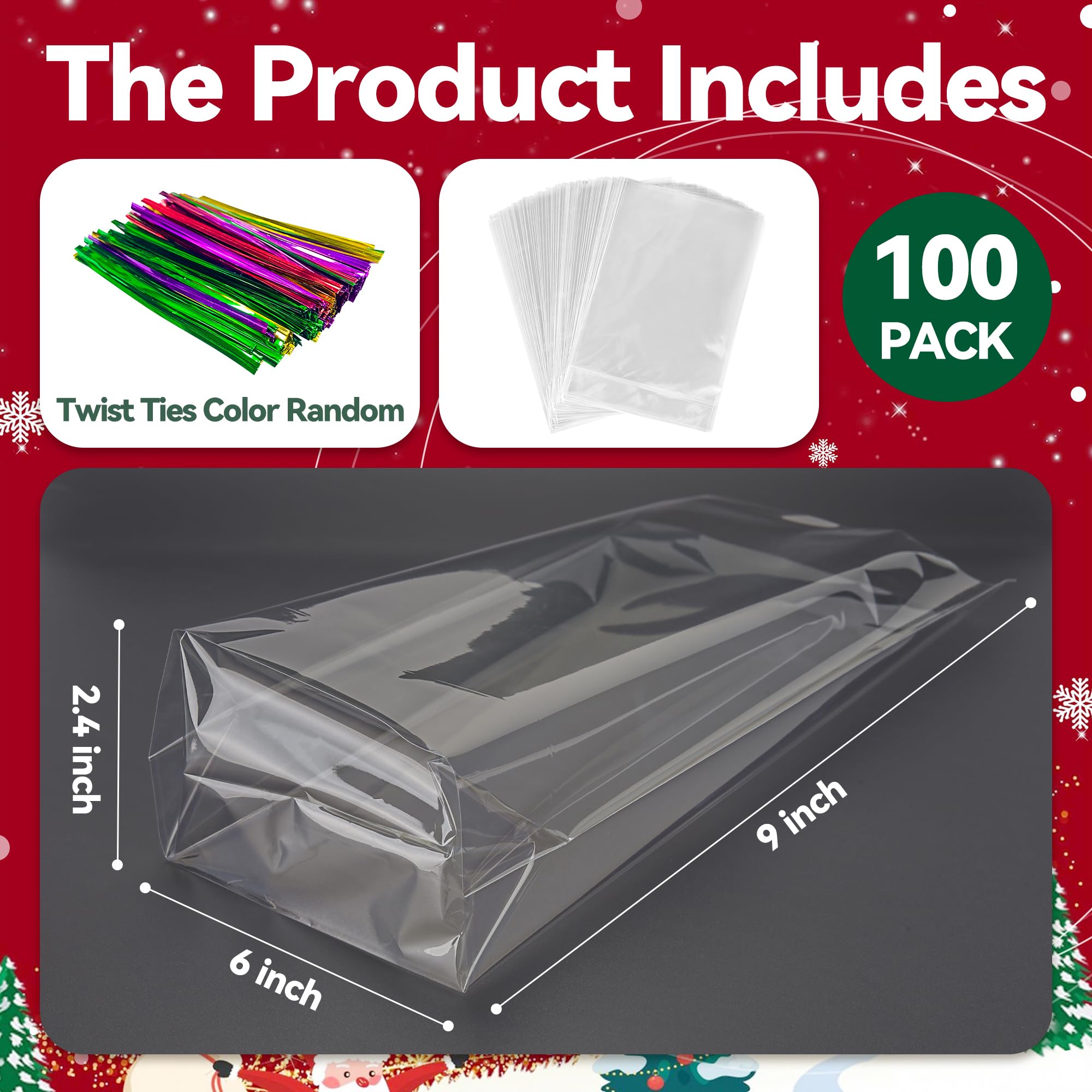 NPLUX 100 Pack Cellophane Bags,Clear Flat bottom Cellophane Treat Bags with 100 Pack Twist Ties for Candy Popcorn Cookie Small Gift Wrapping(6×9×2.4 Inches