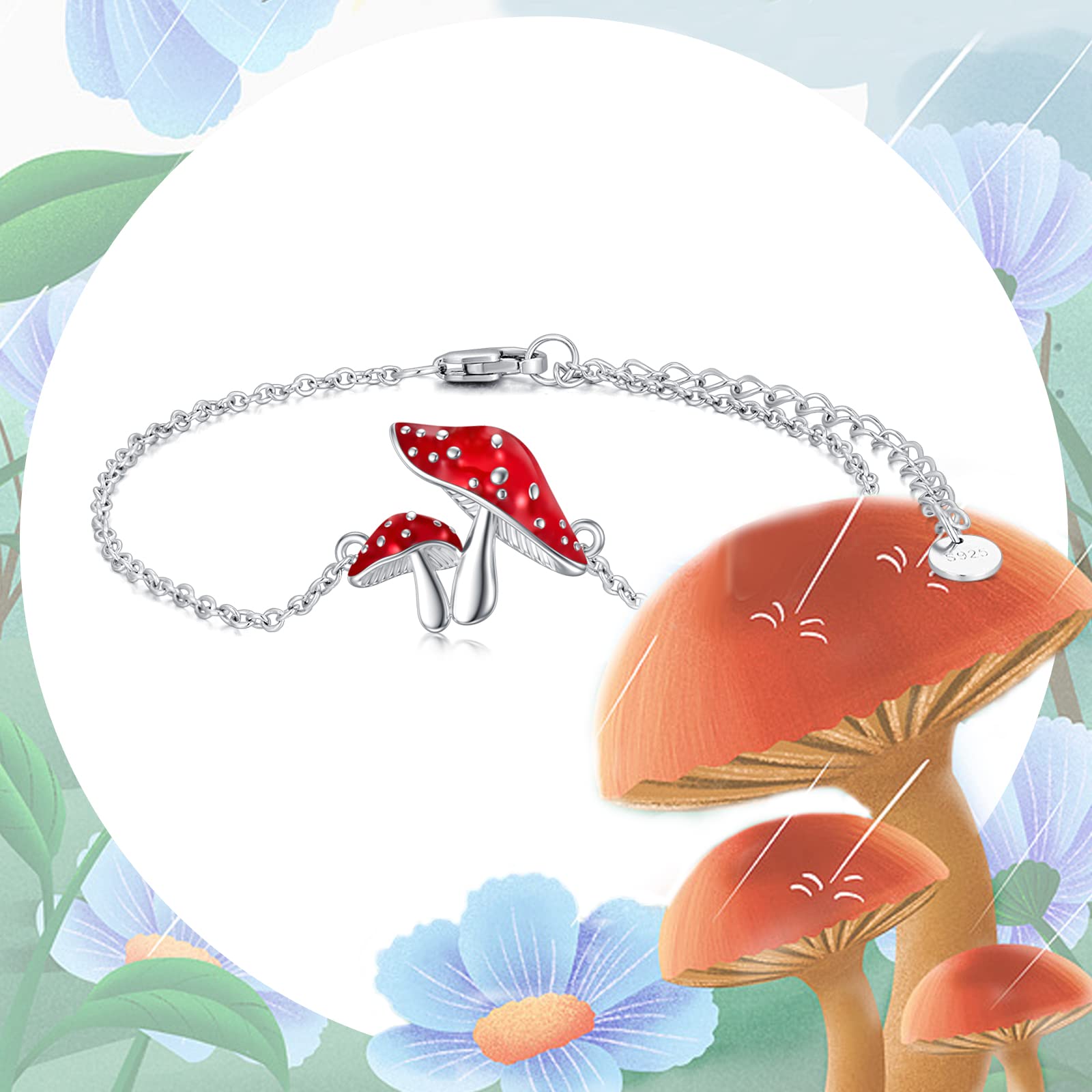 LONAGO Mushroom Bracelet for Women 925 Sterling Silver Red Mushroom Bracelet