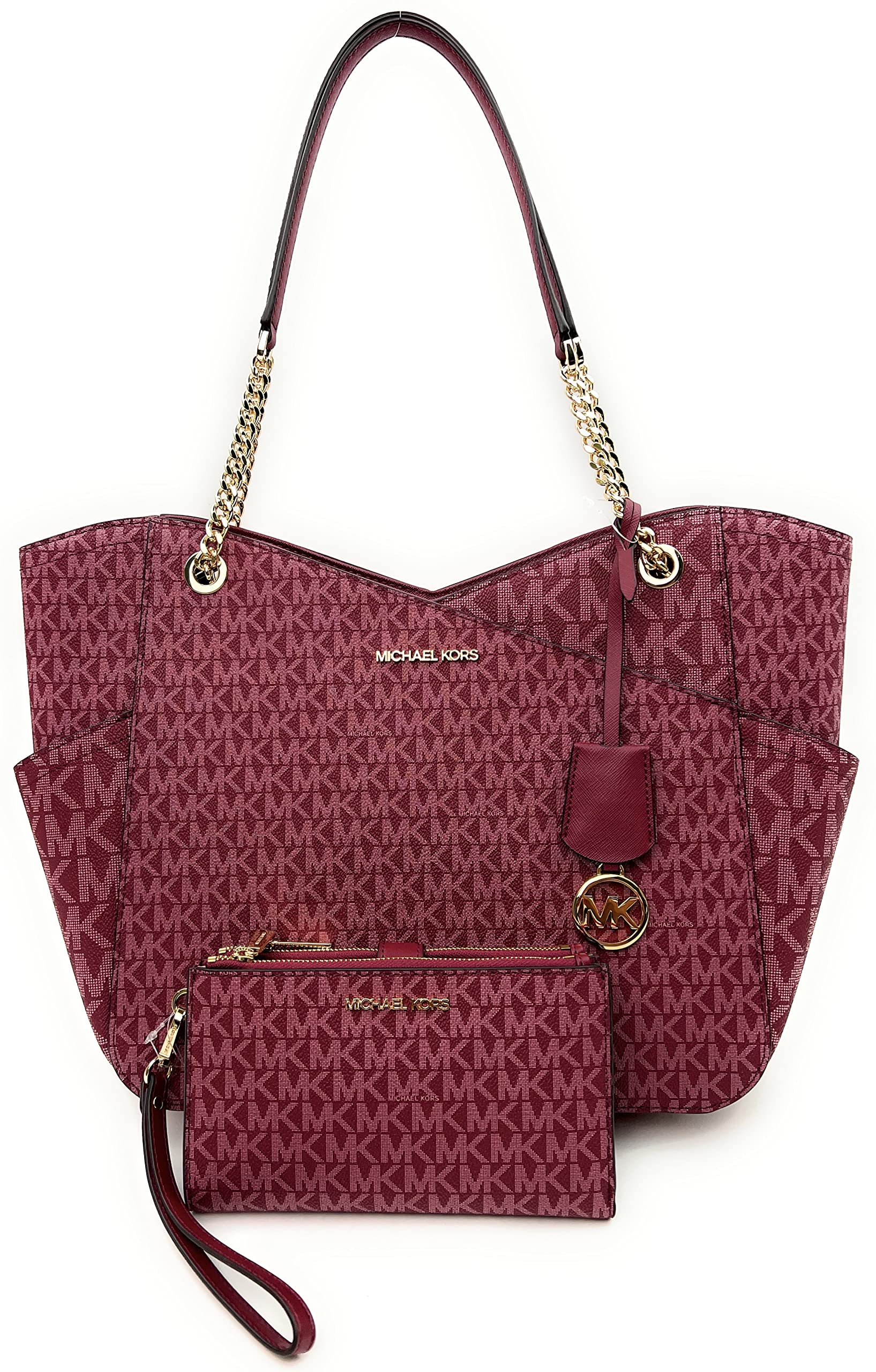 Michael Kors JS Travel Large Chain Shoulder Tote Bundled with Michael Kors Jet Set Travel Double Zip Wallet (Mulberry Multi)