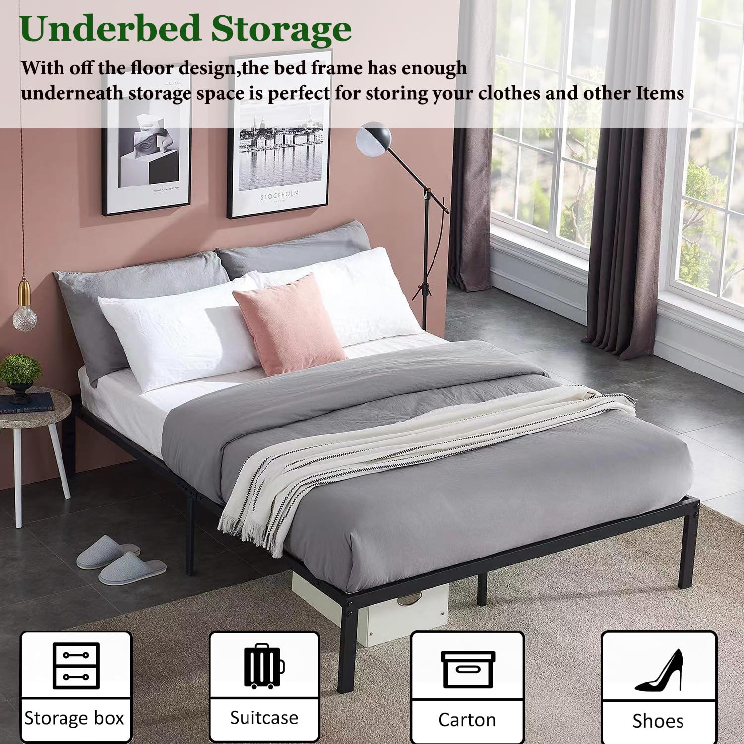 INNAPER 14/16/18 Inch High Metal Platform Bed Frame No Box Spring Needed, Heavy Duty Construction,Steel Slat Support,Easy Assembly, Noise Free (14 Inch, Full)