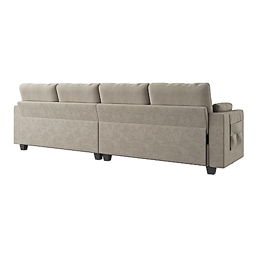 HONBAY Velvet Convertible Sectional Sofa L Shaped Couch with Storage Ottoman Reversible Sectional Couch Sofa for Small Space,Light Grey