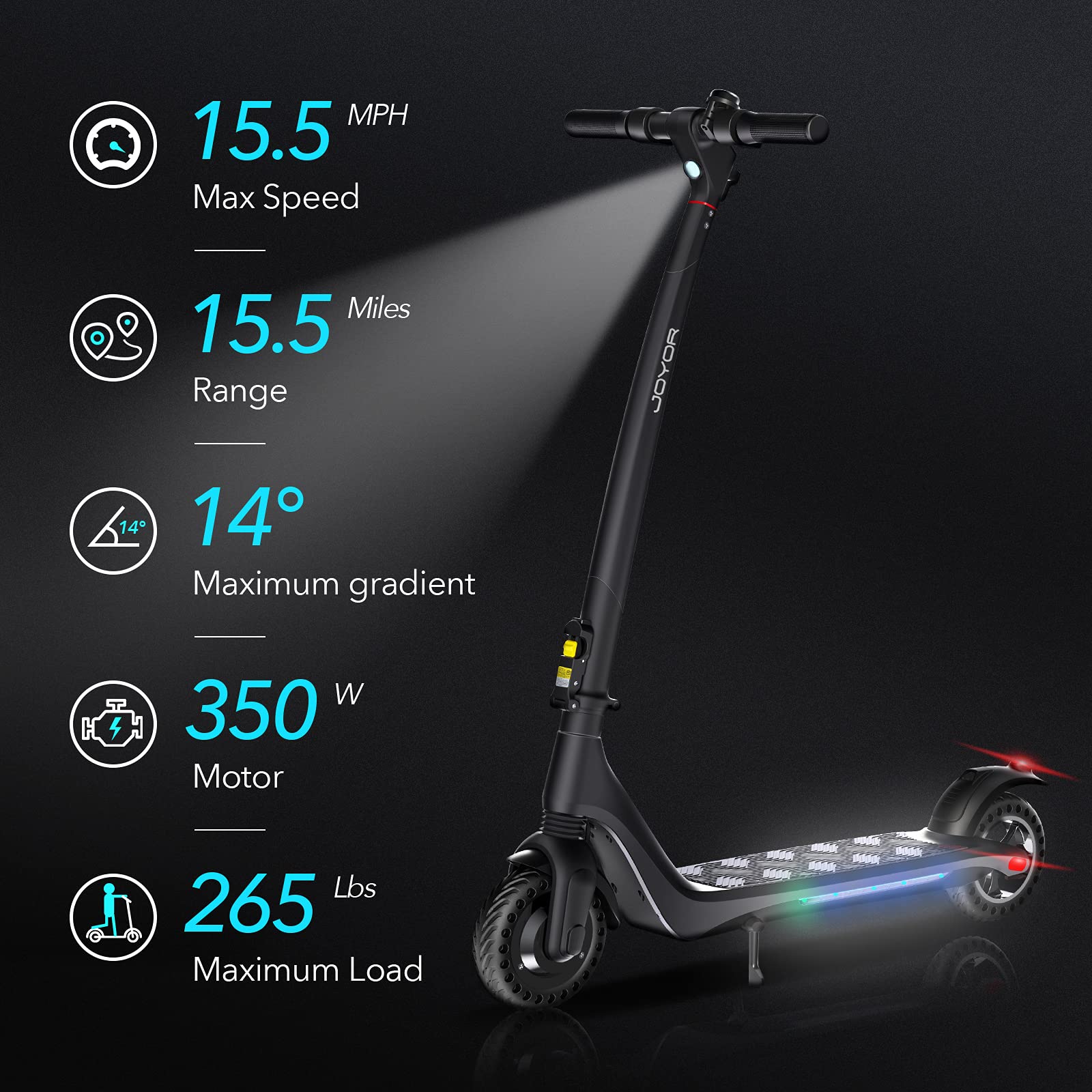 JOYOR A3 Electric Scooter Adults, Top Speed 15.5 Mph & 15.5 Miles Range, 350W Motor, 3 Gears, 8 Inch Solid Tires Portable Commuting Electric Scooter for Adults, Teens, Kids, Max Load 260 LBS