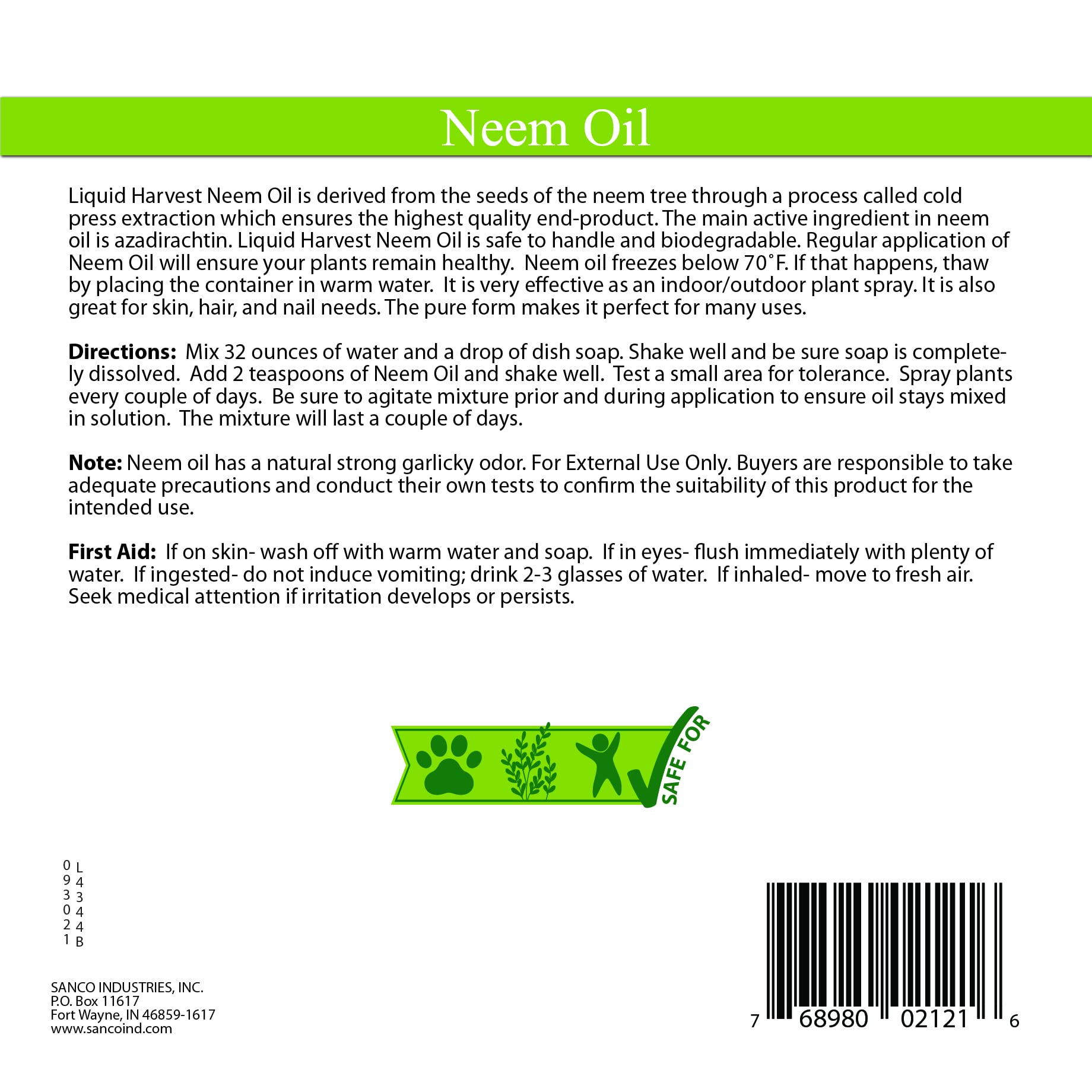 Liquid Harvest 100% Cold Pressed Neem Oil Gallon, Rich Azadirachtin Content for Plants & Neem Oil Spray Solutions