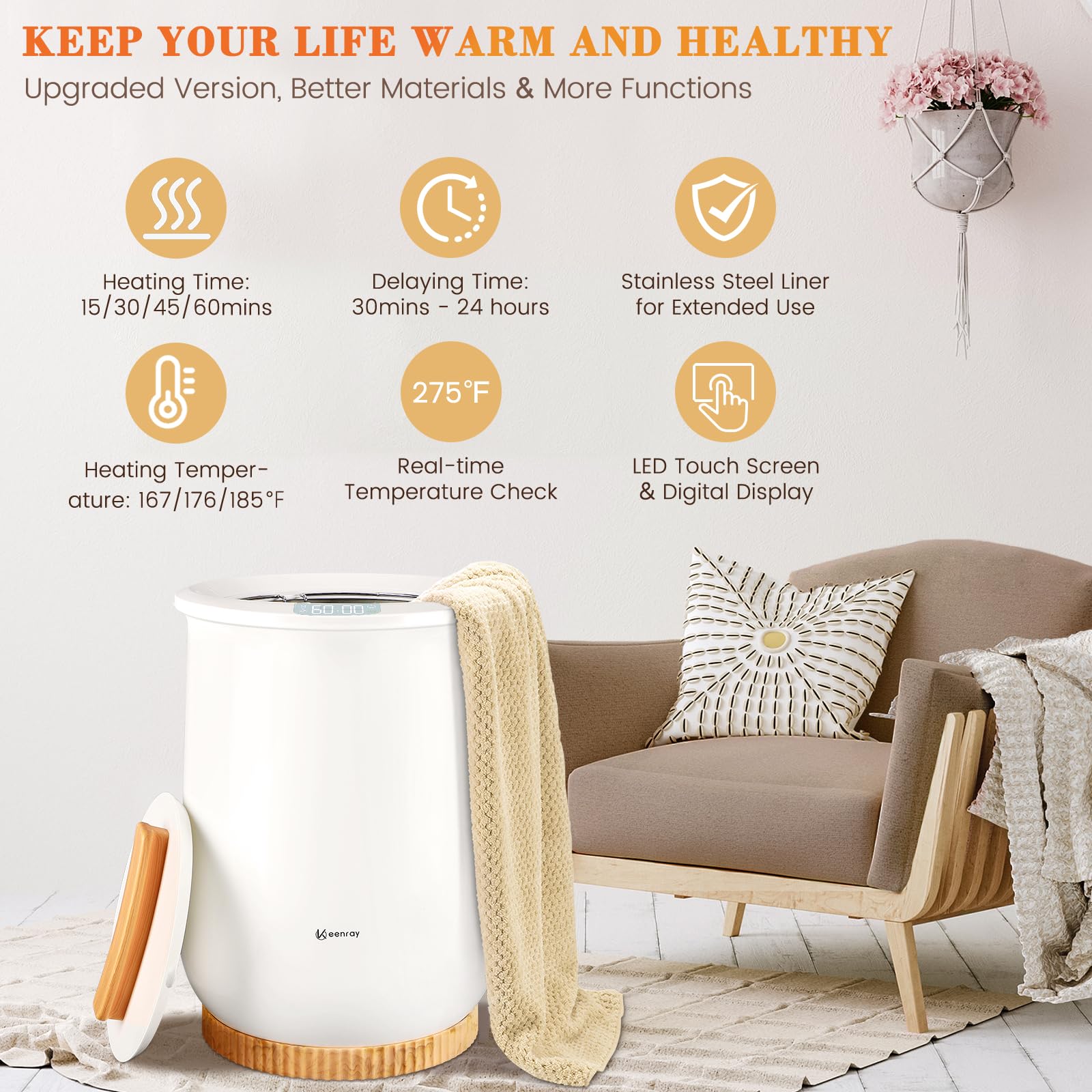Keenray Upgraded Towel Warmer Bucket, Towel Warmer for Bathroom with 3 Heating Modes, Heat Time 30/45/60 Min Adjustable and Up to 24 Hour Delay Timer, Towel Heater for Oversize Bathrobes Blankets