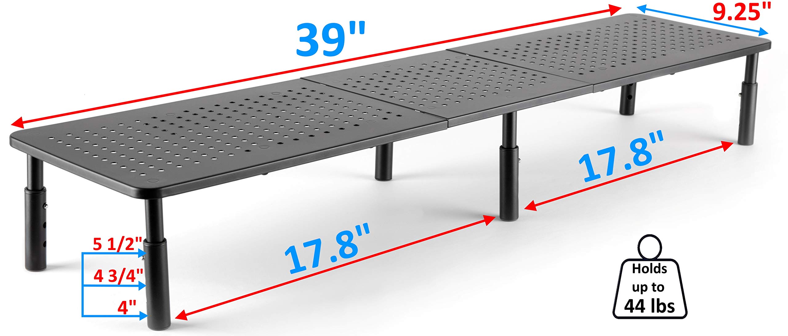 Husky Mounts Large Dual Monitor Stand Riser, Adjustable Legs, 39" x 9.25" x 5.5" Max Height, Matte Black Steel