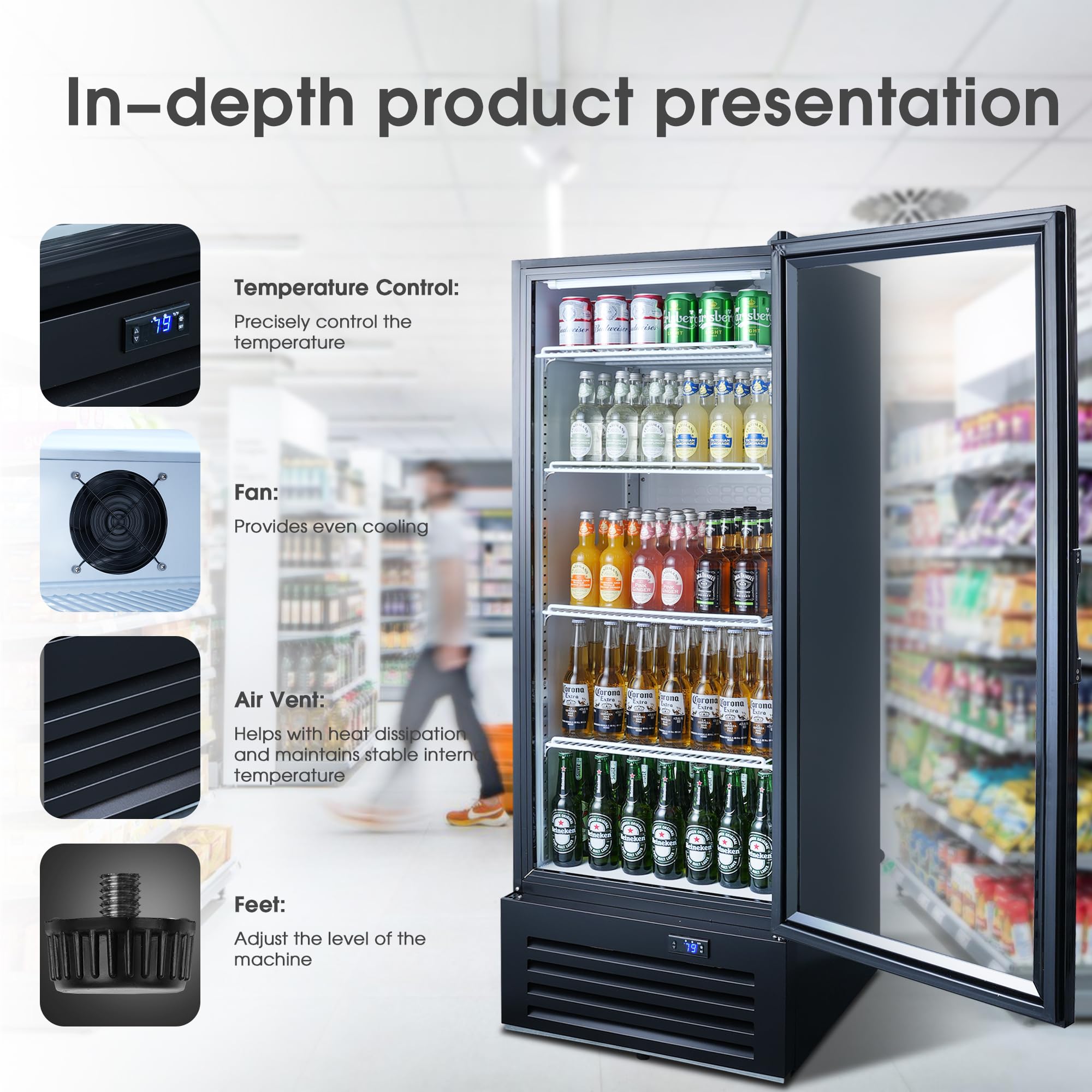 HCK Commercial Beverage Refrigerator 23 inch,10 cu.ft with Single Glass Door,Built-in or Freestanding for Supermarket, Shop,Bar,Restaurant,etc C280MX
