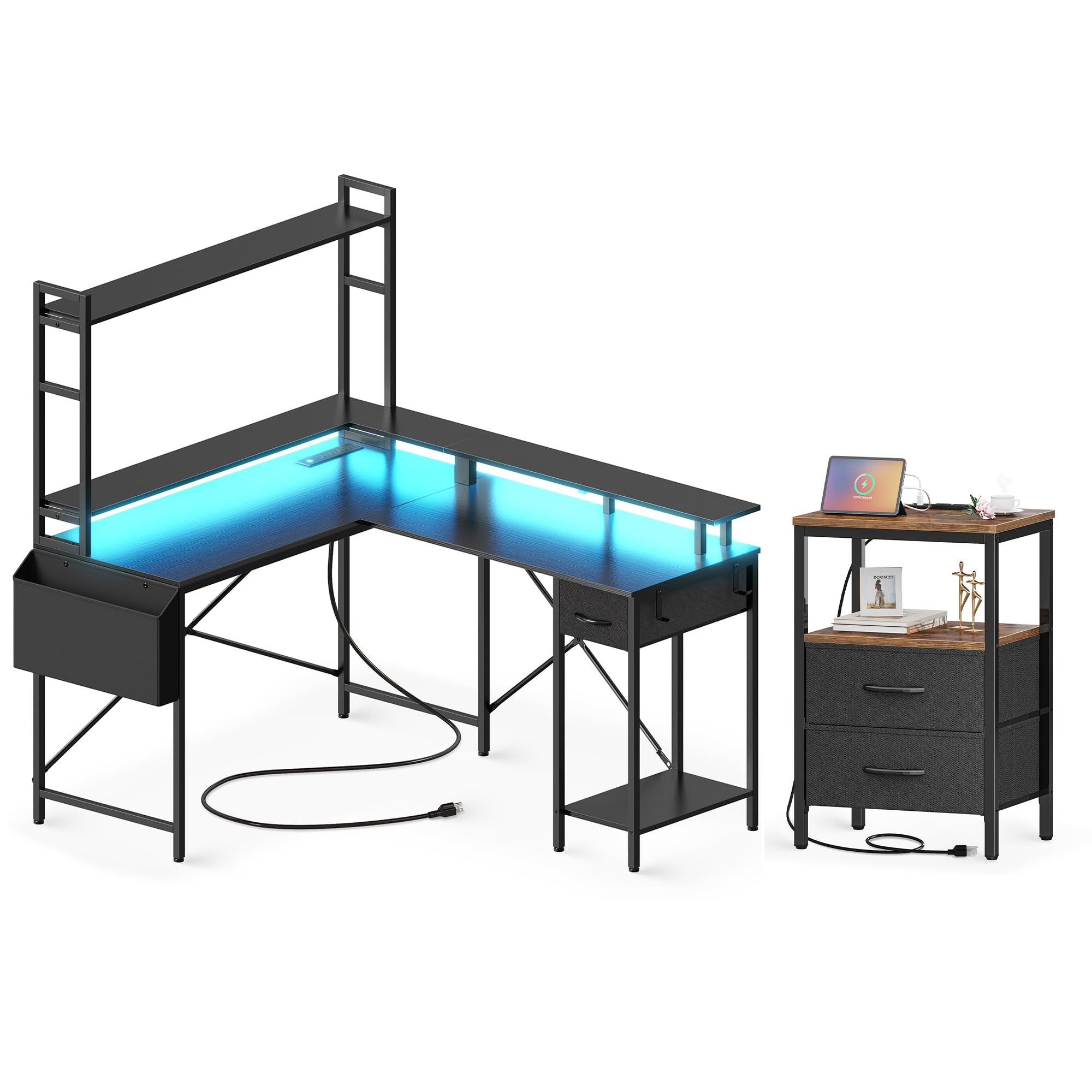Huuger L Shaped Desk Gaming Desk with LED Lights & Power Outlets Nightstand with Charging Station