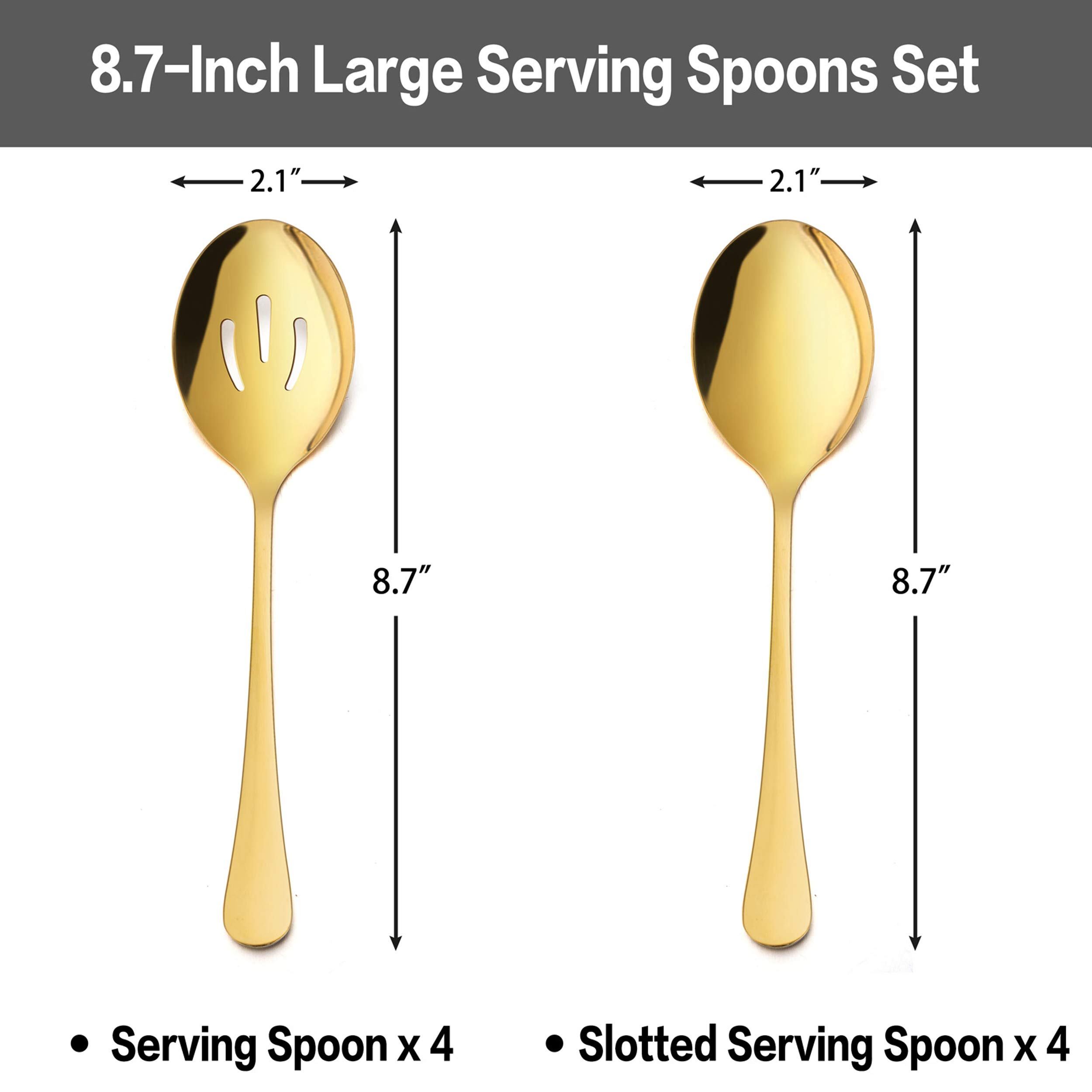 LIANYU 8 Pack Gold Serving Spoons, Gold Slotted Serving Spoons, 8 3/4 Inch Stainless Steel Serving Utensils Spoon Set for Banquet Catering Buffet Dinner Restaurant Party