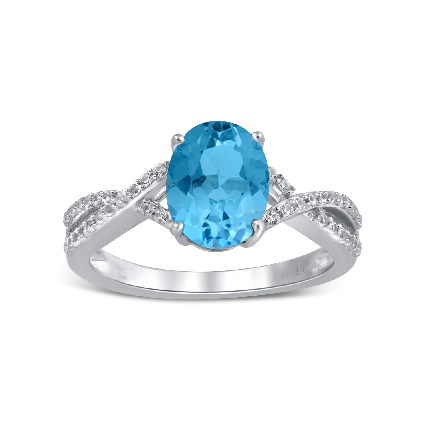 Jewelili Sterling Silver 9x7mm Oval Swiss Blue Topaz and Created White Sapphire Split Shank Ring, Size 7