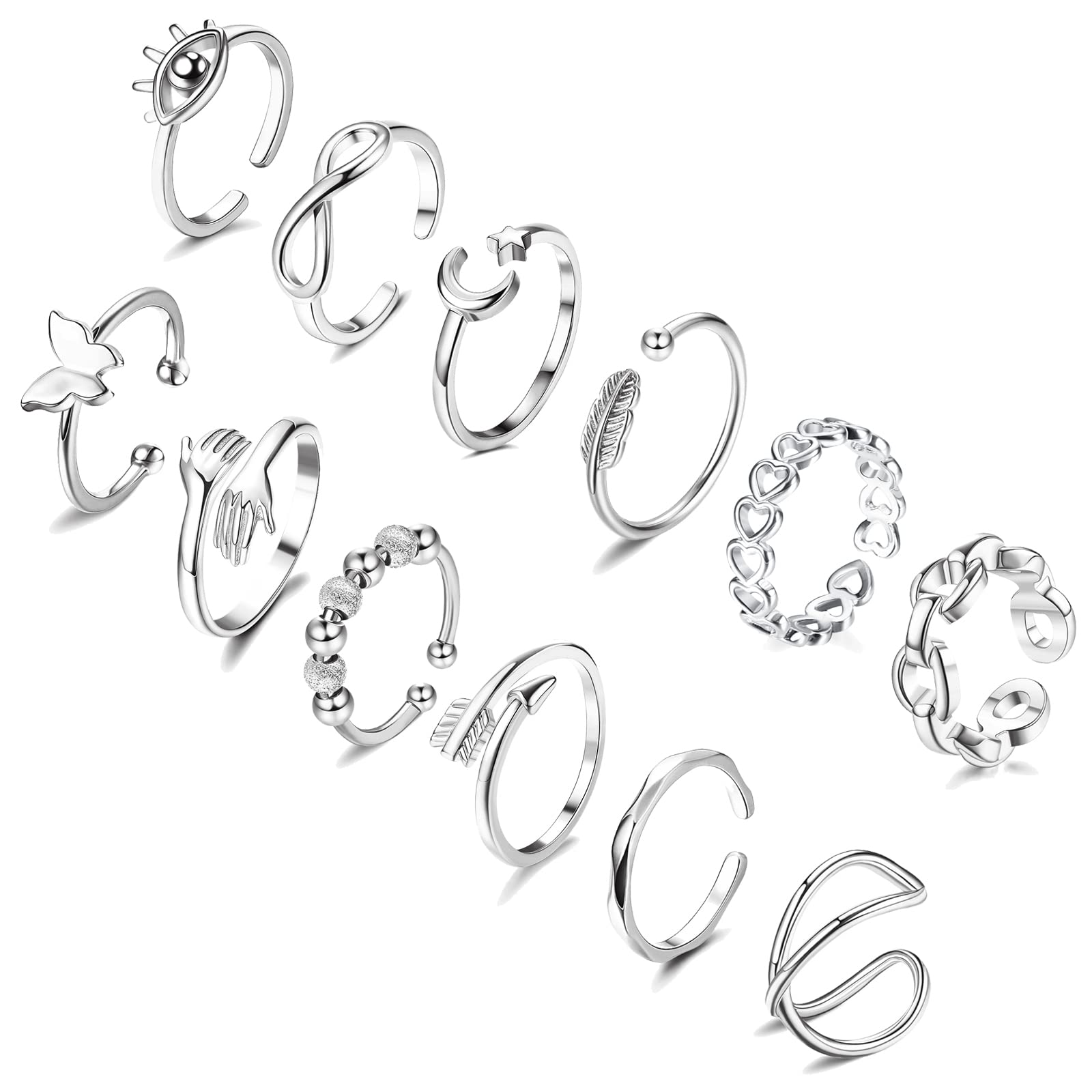 Kakonia 12PCS Adjustable Rings for Women Butterfly Stacking Rings Open Gold Silver Rings Set Simple Knuckle Rings Pack