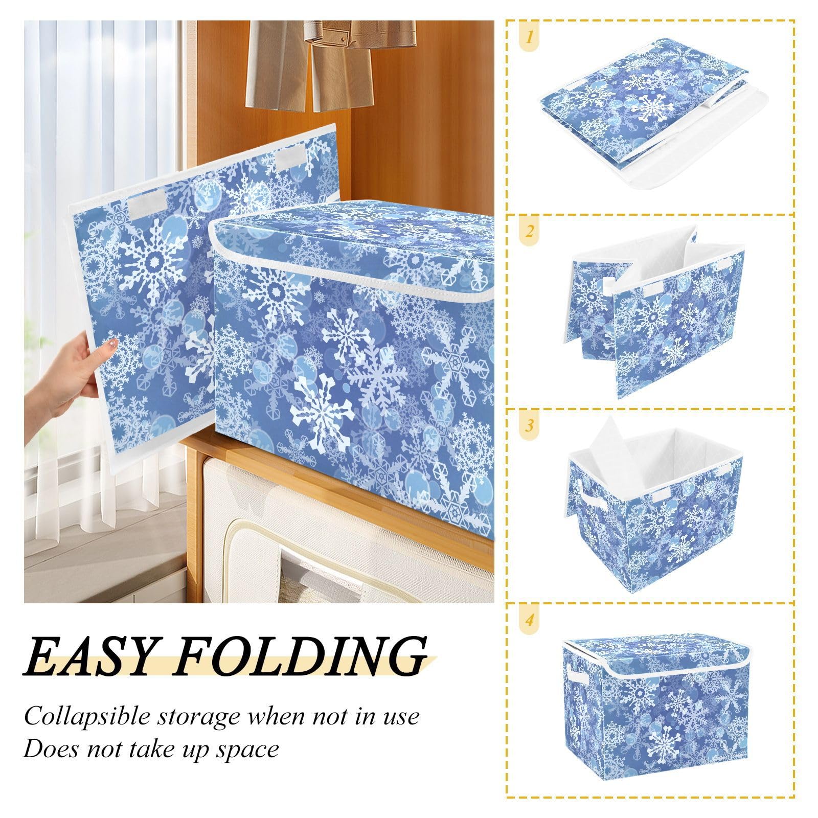 Krafig Snowflakes Decorative Storage Box with Lid Large Bins Baskets Foldable Cube Organizer Collapsible Containers for Organizing, Toy, Home, Shelf, Closet