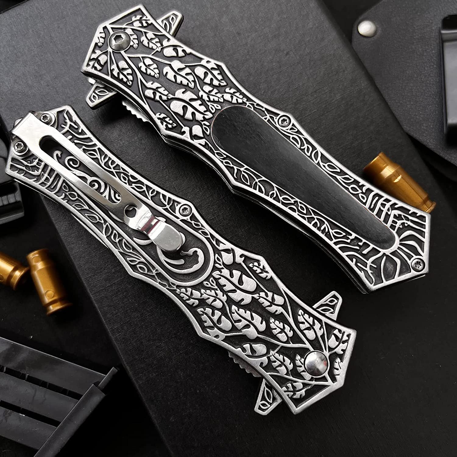 NAXFUSS Camping Tactical Japanese Pocket Knife with Leaf Patterned Wooden Handle and Clip - 8.9" EDC Hunting Survival Folding Knife with Clip, Unique Gifts for Men