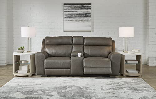 Signature Design by Ashley Roman Contemporary Tufted Leather Power Reclining Loveseat with Console and Adjustable Headrest, Gray