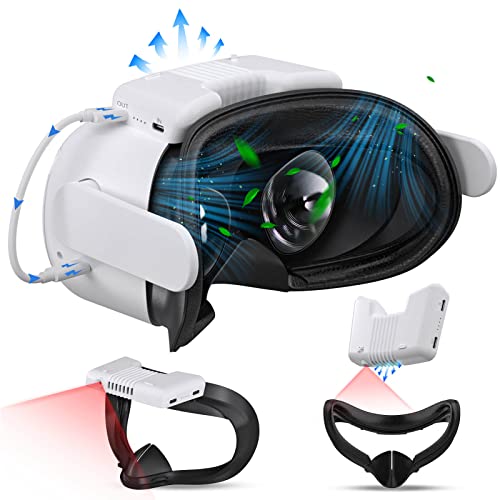 VR Face Pad for Oculus Quest 2, Upgraded Cooling Fan with 3 Cooling Speeds and 2-Brightness Tracking in Dark, Soft PU Face Cover Facial Interface for VR Accessories Fan Cooler with Charging Function