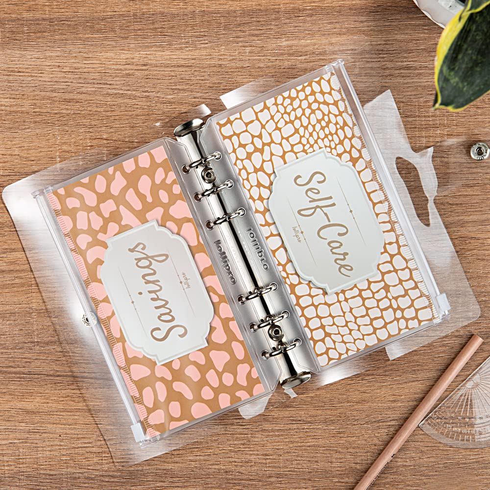 lollipro Budget Binder 6 Ring Clear Refillable Money Organizer, Small A6 Planner Binder, Cash Envelopes Inside with Cash Break Down Cards and Label Stickers(Leaves)