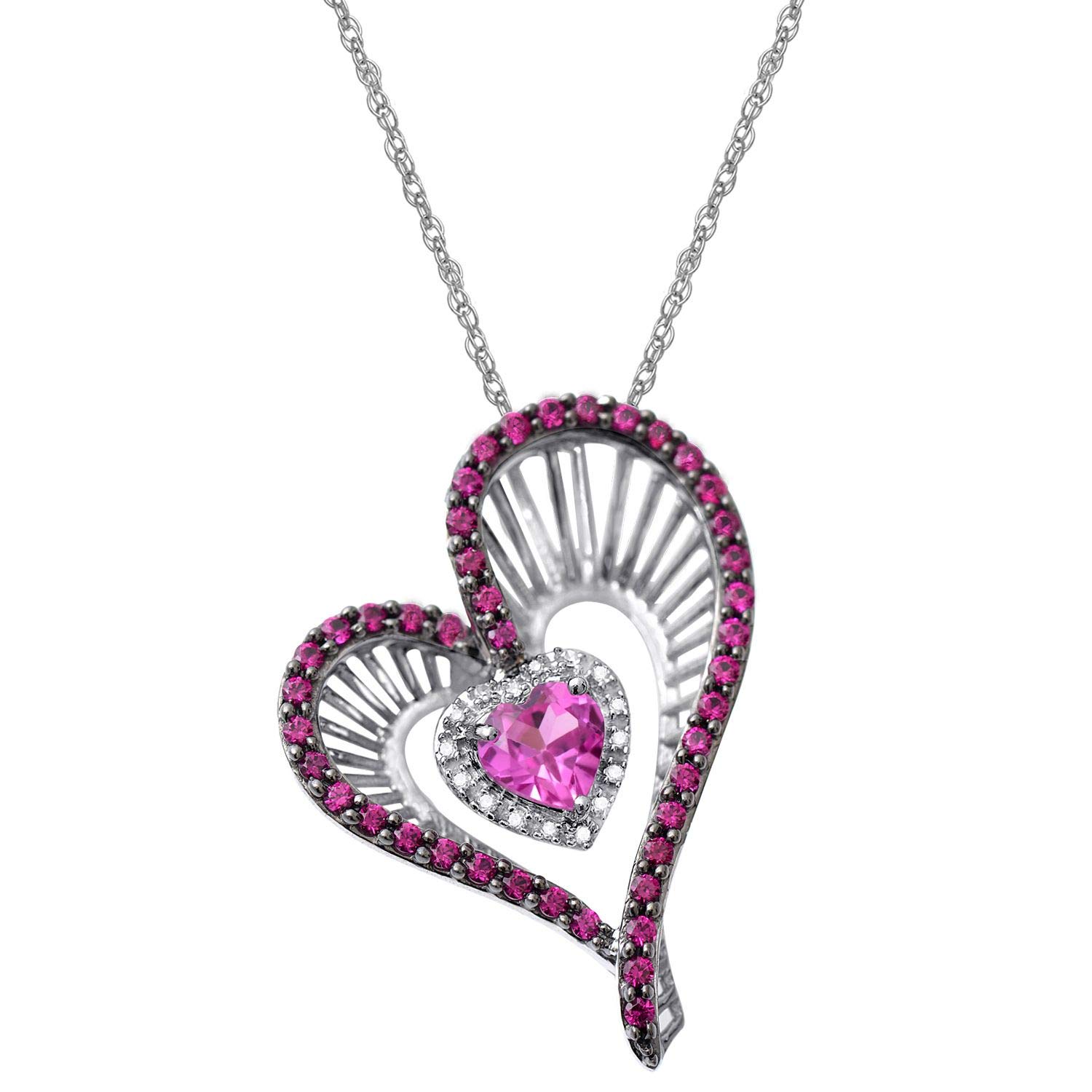 Jewelili Sterling Silver 6 MM Heart Shape Created Ruby, Created Pink Sapphire and Natural White Diamond Accent Pendant Necklace, 18" Cable Chain