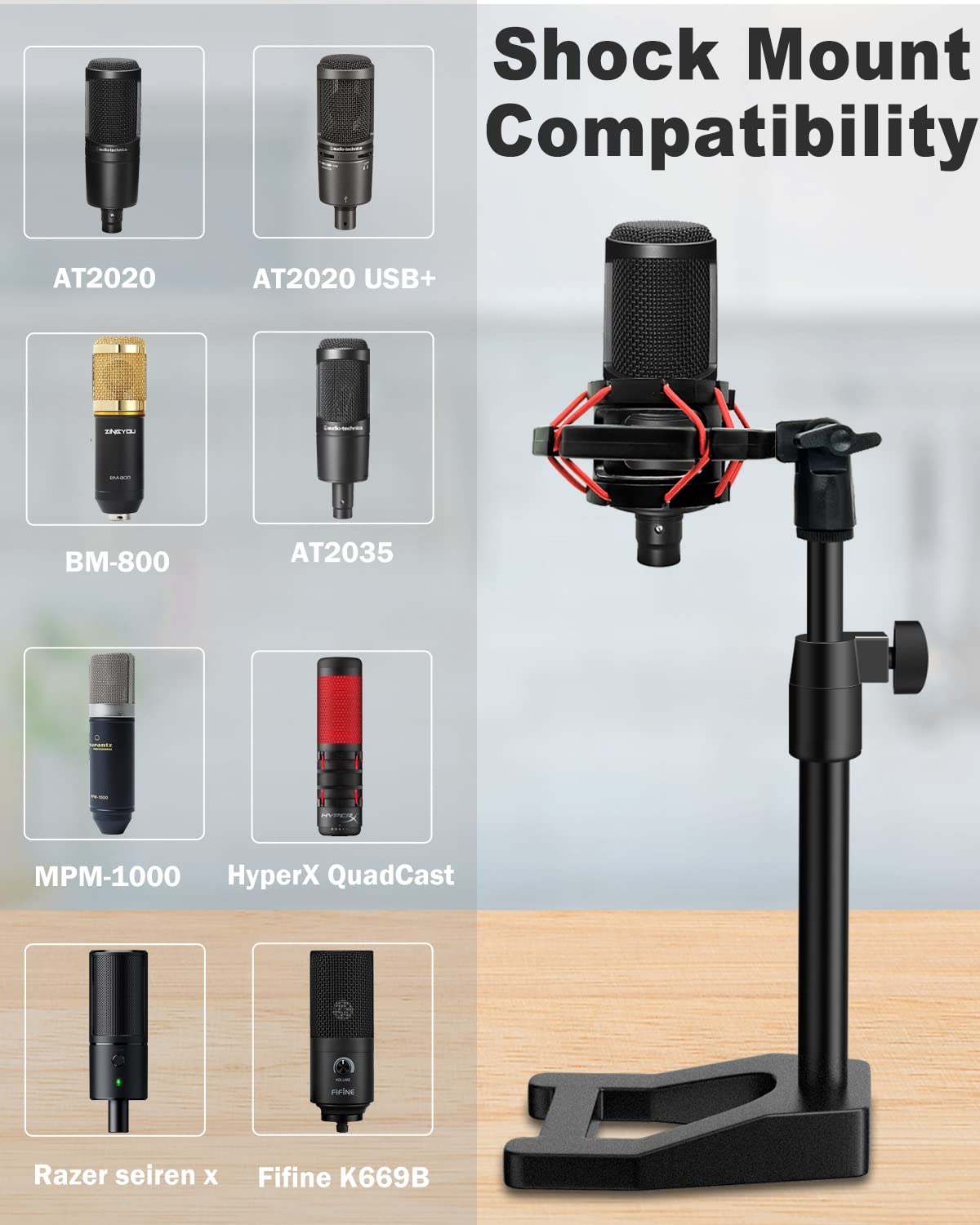 Mictop Desktop Microphone Stand, Mic Stand with Mic Clip Holder Weighted Base Shock Mount 3/8" and 5/8" Adapter Adjustable Height for AT2020, Blue Yeti, Snowball, Samson Q2U, Shure SM58, ATR2100x etc.