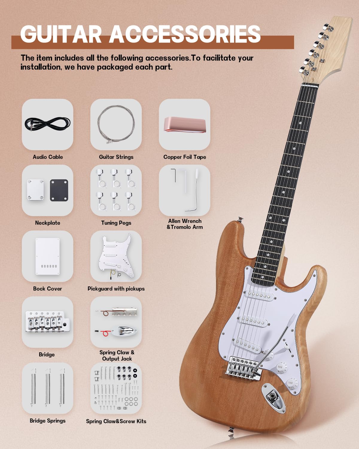 Leo Jaymz DIY ST Style Electric Guitar Kits with Mahogany Body and Maple Neck - Ebony Fingerboard and All Components Included (ST)