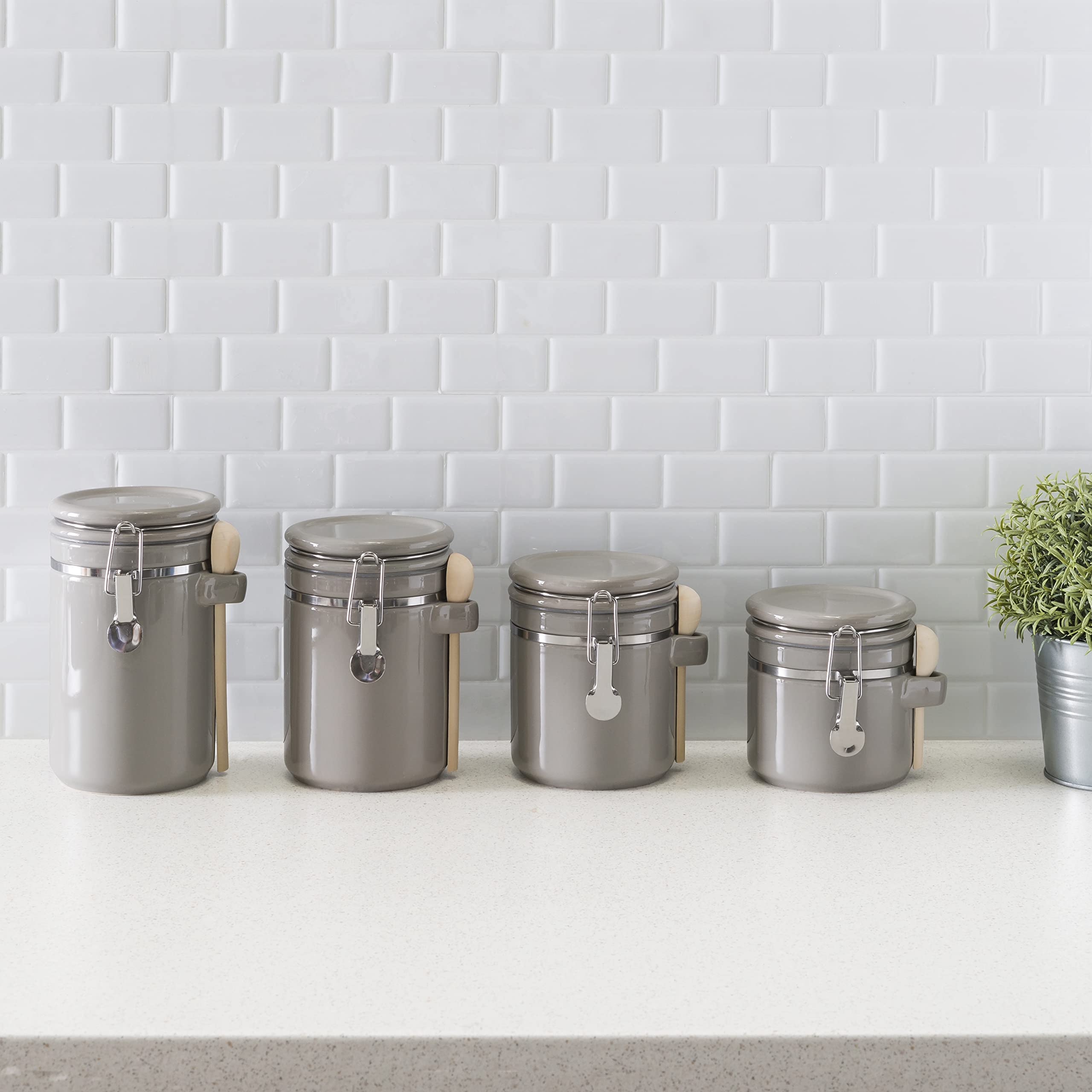 Home Basics Canister Sets For The Kitchen (4 Piece Set) Grey, High Gloss Ceramic Decorative Kitchen Set | With Wooden Spoons, Countertop Set For Flour, Sugar, Coffee, and Snacks