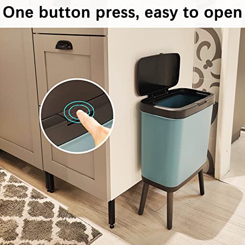 URALFA Slim Trash Can for Kitchen, 4 Gallon Narrow Garbage Can with Press Top Lid, Small Plastic Trash Bin Modern Garbage Bin Waste Basket for Home, Bedroom, Toilet, Living Room & Office, Blue