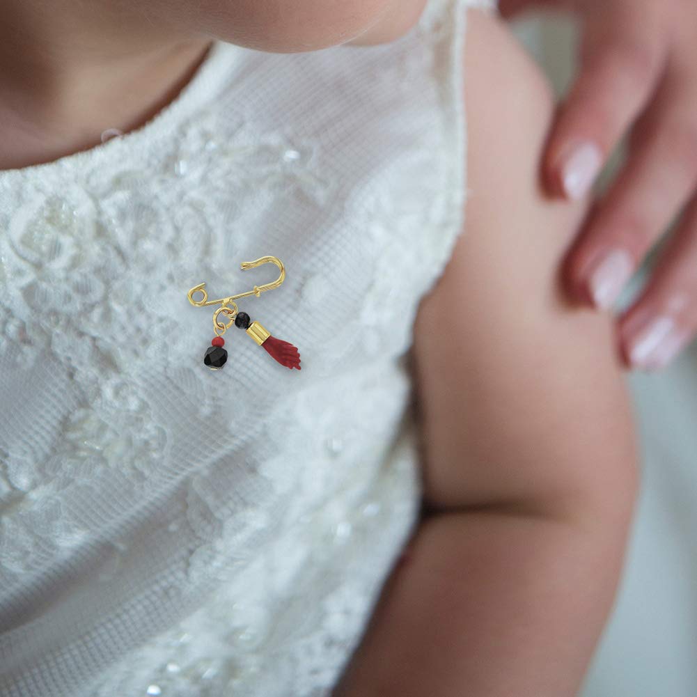 Gold Plated Red Figa Hand Simulated Azabache Evil Eye Protection Baby Pin Brooch - Traditional Figa Hand Black Simulated Azabache Amulet Protection Unisex Brooch Pin for Babies