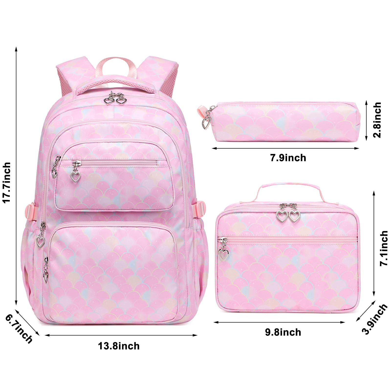 Joyfulife Mermaid Backpack for Girls Backpack with Lunch Box Kids Backpack Elementary Bookbags Primary Middle School Bags for Teens 3 in 1 School Backpack Set