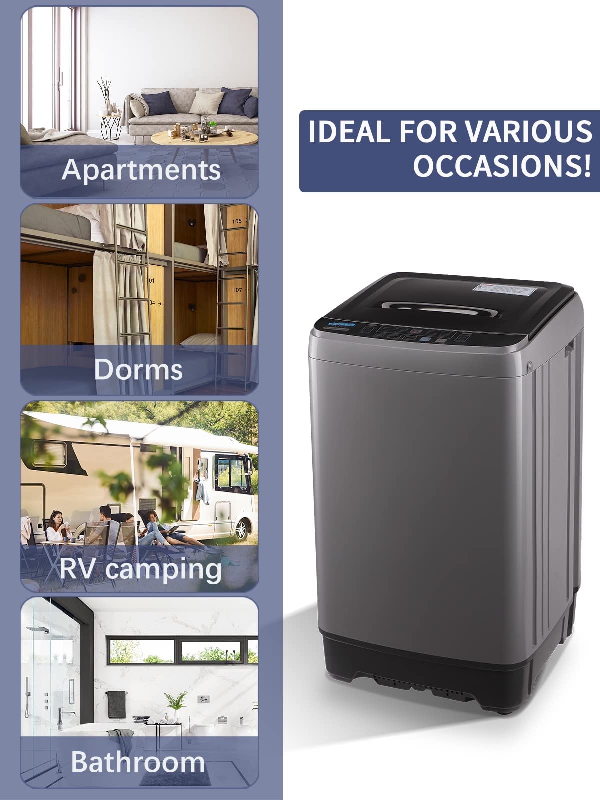 KRIB BLING 17.7 lbs Full Automatic Washing Machine with LED Display Compact Washing Machine with Drain Dump, 10 Wash Programs and 8 Water Levels Ideal for Dorms, Apartments, RV, Grey