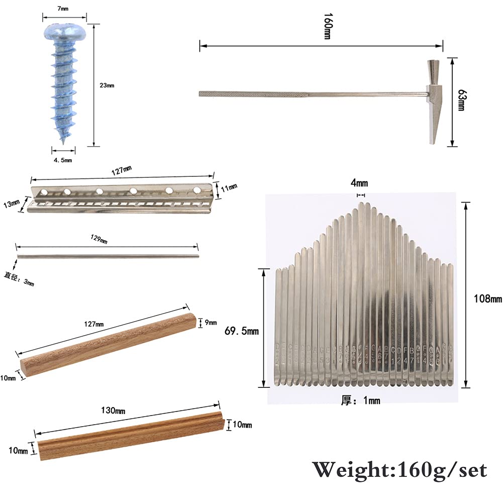 Kalimba 21 Keys Replacement Set DIY Thumb Piano Parts with Wood Bridges, Tuning Hammer, Screws, Saddle DIY Musical Instrument Accessories as picture show