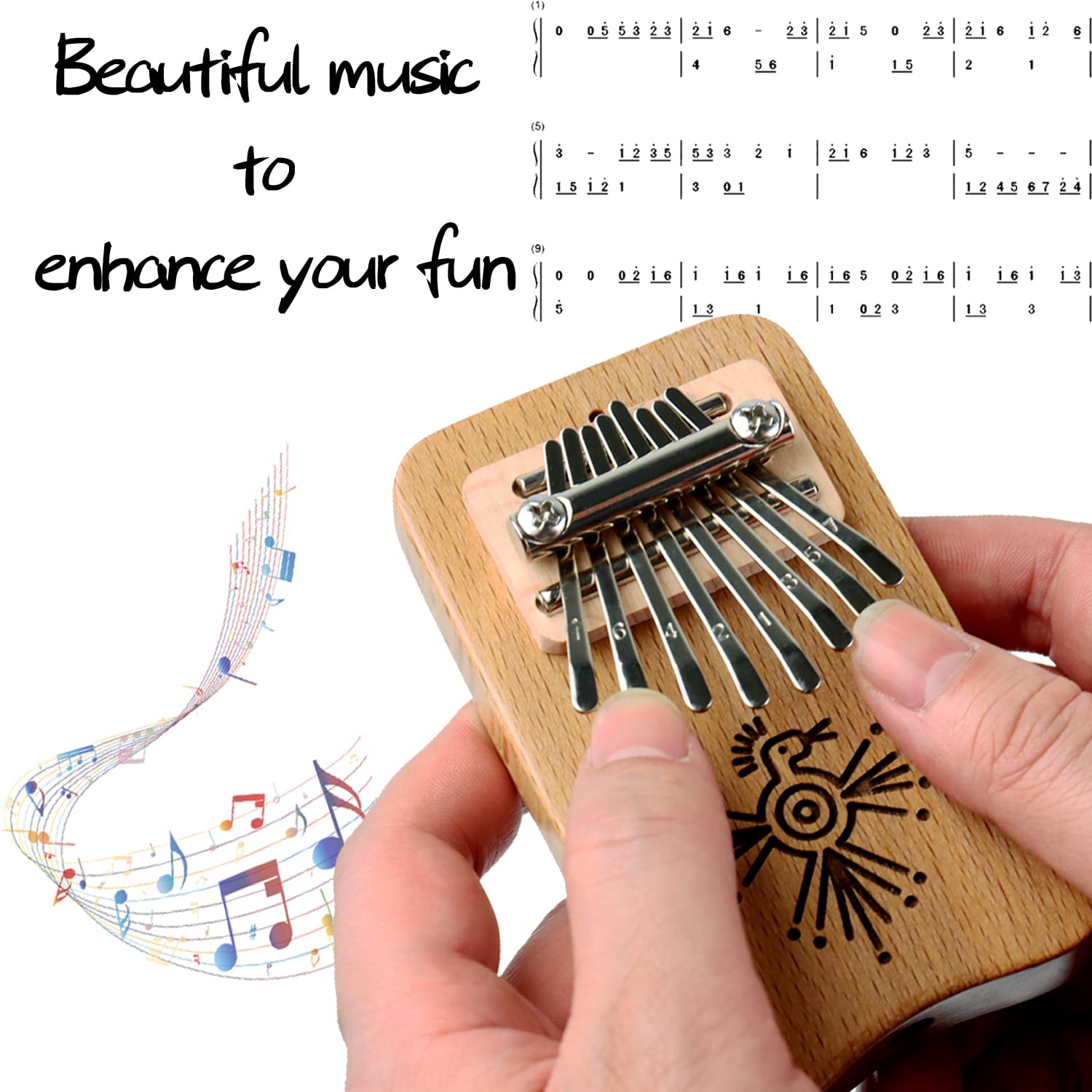 Ironkoi Kalimba 8 Keys Thumb Piano tuning hammer and learning instructions, portable Mbira Sanza finger piano, gift for children and adults