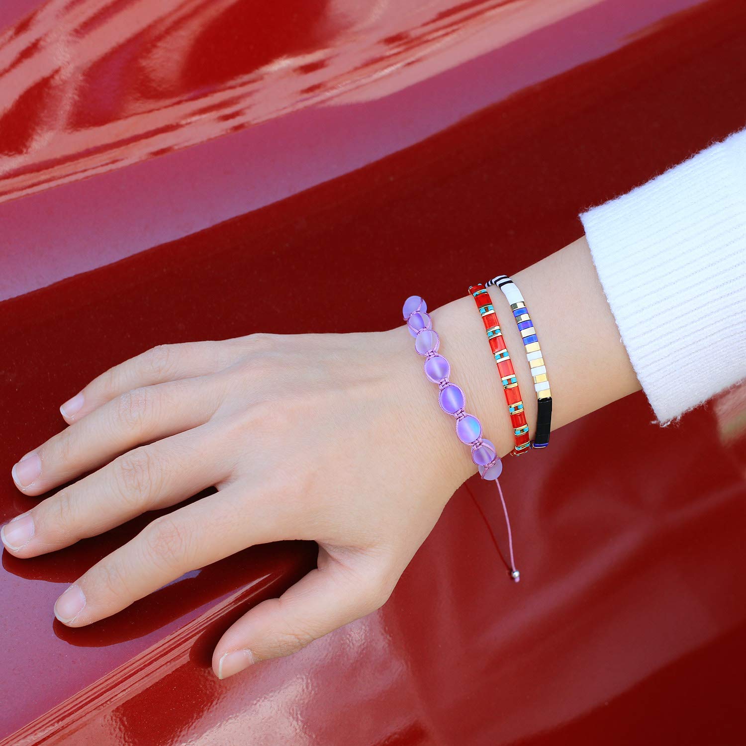 KANYEE Bracelets for Women Moonstone Beaded Bracelet Colorful Friendship Bracelet Boho Adjustable Bracelets(Purple