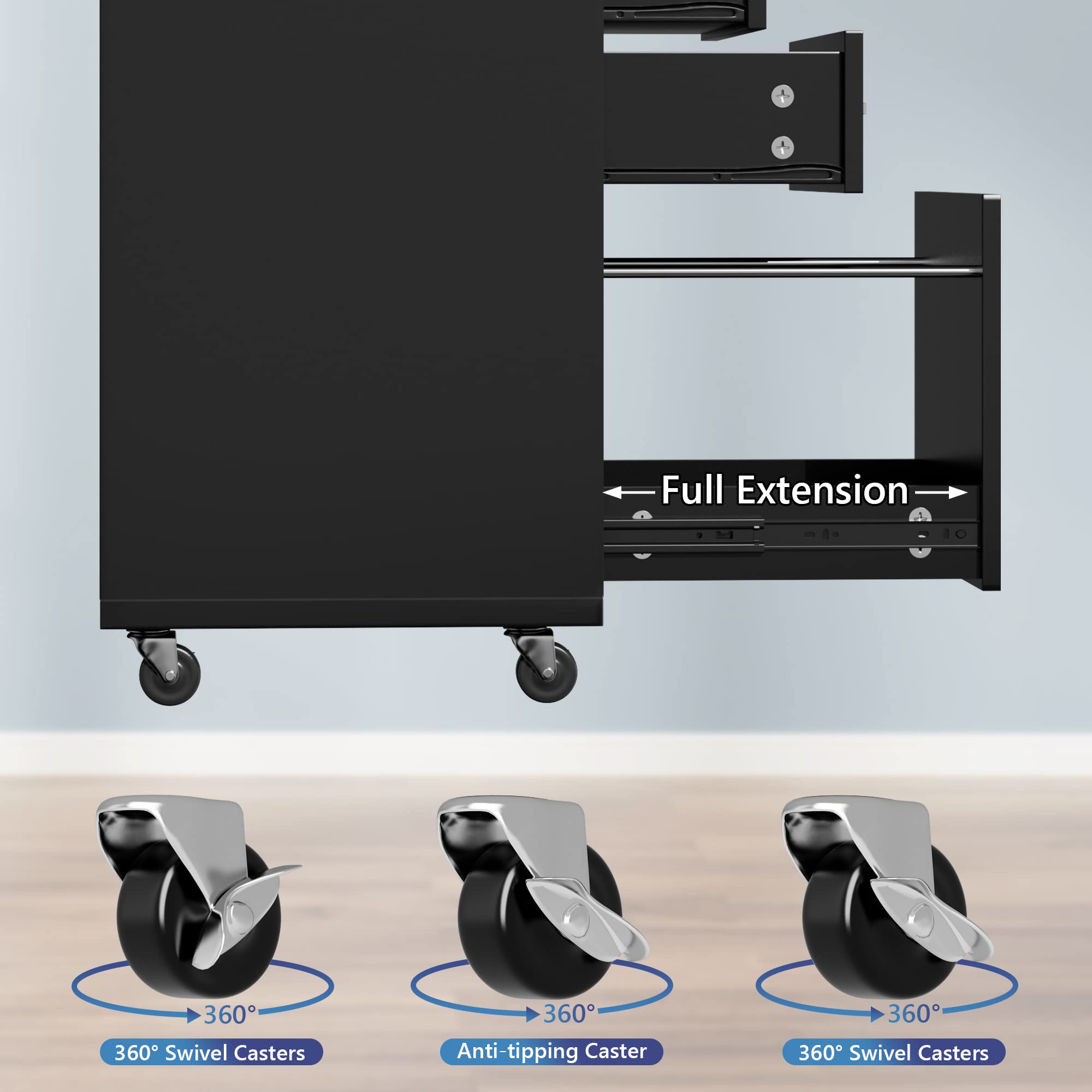 Kemon 3 Drawer Wood File Cabinet Mobile Lateral Filing Cabinet with Lock Printer Stand with Open Adjustable Storage Shelves for Home Office Organization Hanging Letter/Legal/F4/A4(Black)