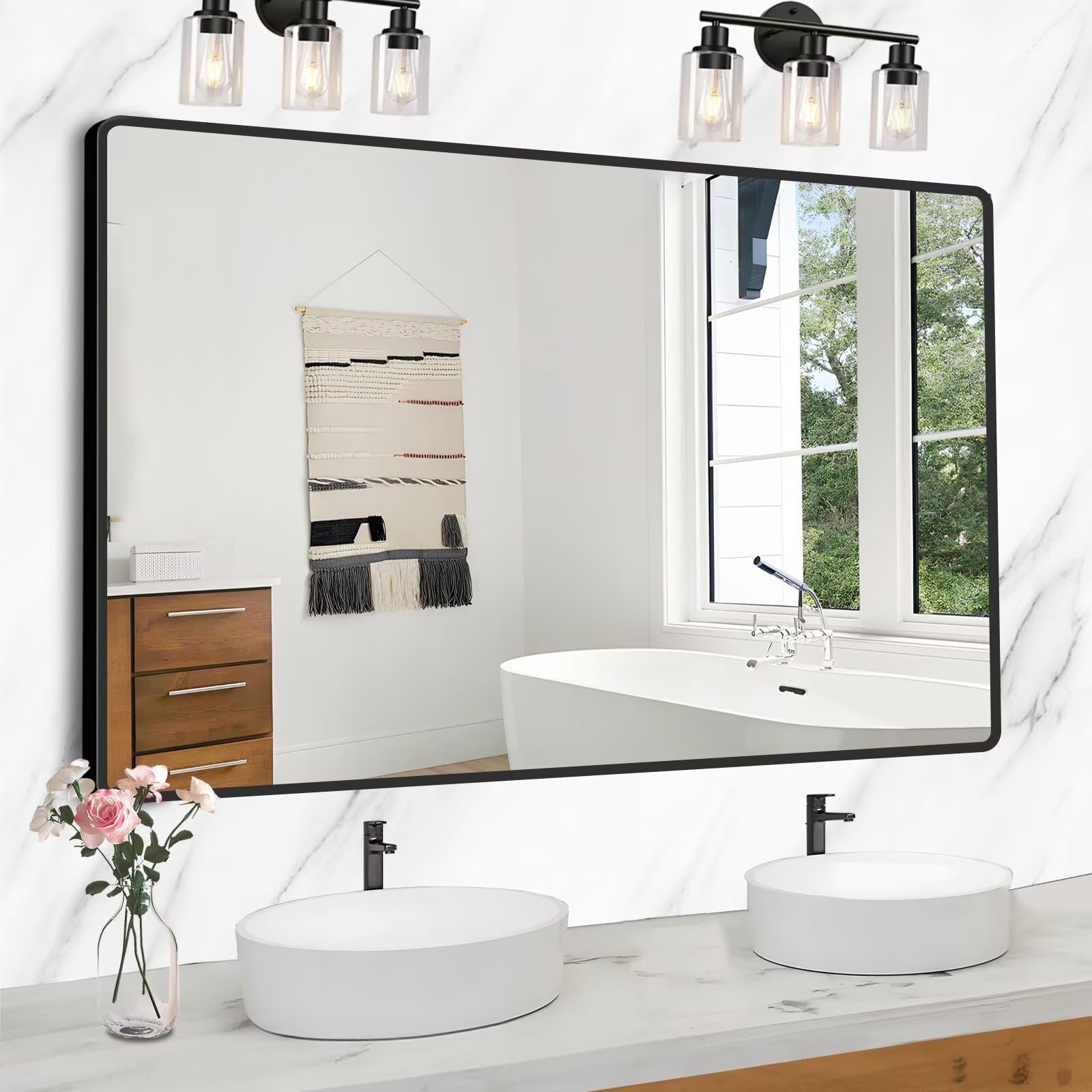 TOTOZAKUL Bathroom - Wall - Mirror - for Over Sink 20x28inch, Wall-Mounted Vanity Mirror for Bedroom Living/Dining Room, Modern Rectangle Black Framed Hanging Makeup Mirrors
