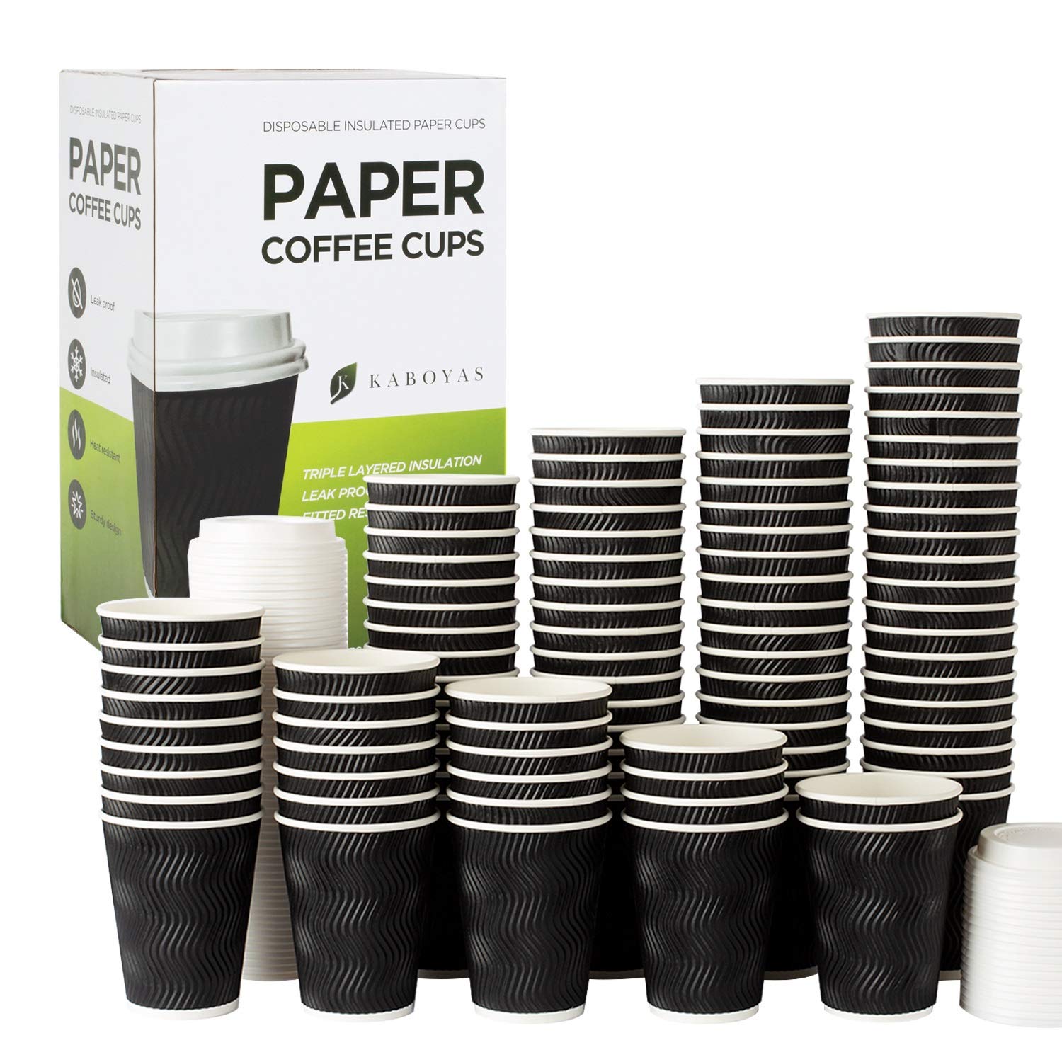 KABOYAS 12 oz [100 Set] Togo Disposable Black Paper Coffee Cups with Lids | Hot Beverages | Expresso | Tea | Coffee | Latte | Hot Chocolate | Cocoa