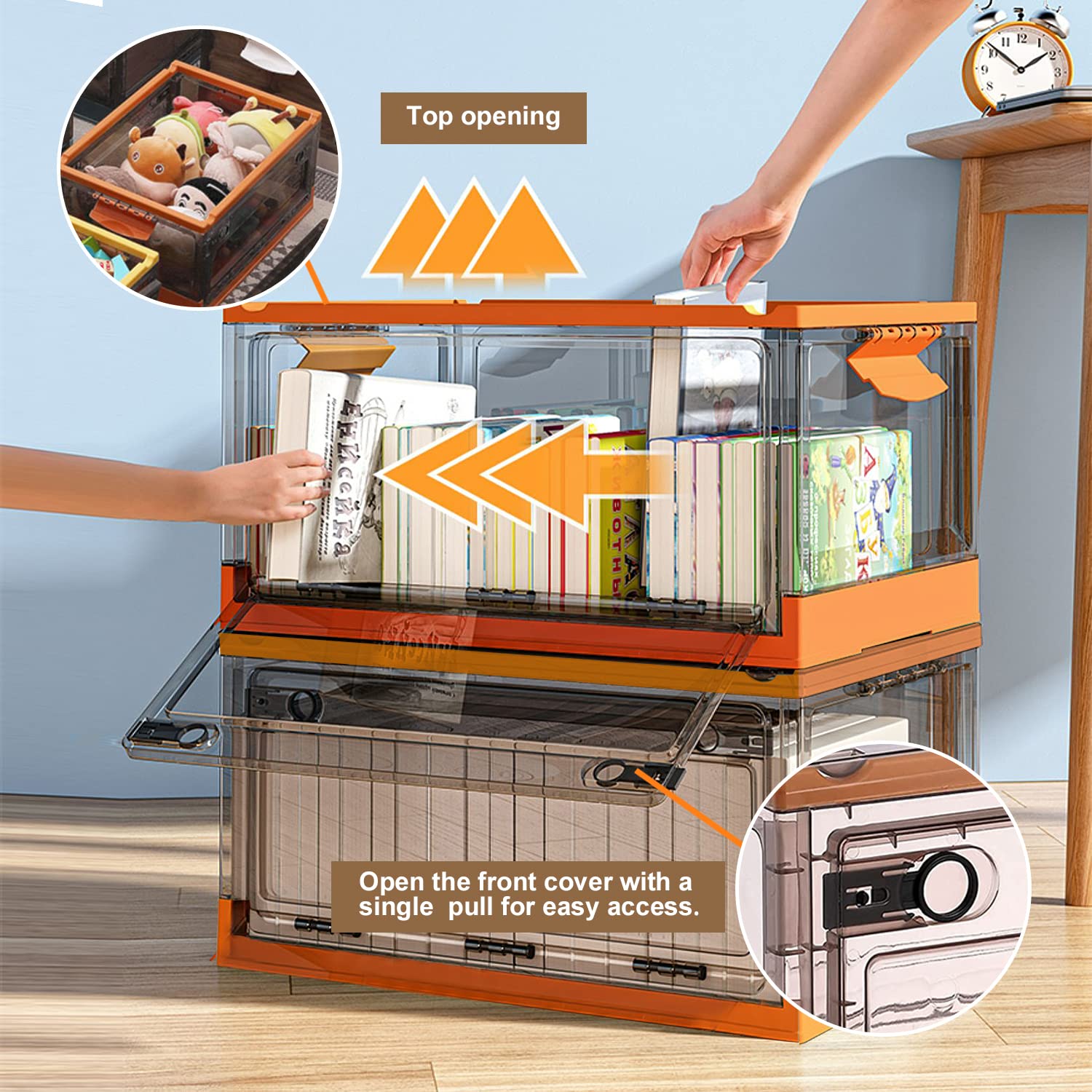 Kroshine Folding Storage Boxes with Lids Collapsible Storage Bins 56L Clear Plastic Stackable Storage Boxes with Wheels for Home & Office Organization, Cloth Books Snacks Storage Case (56L Orange)