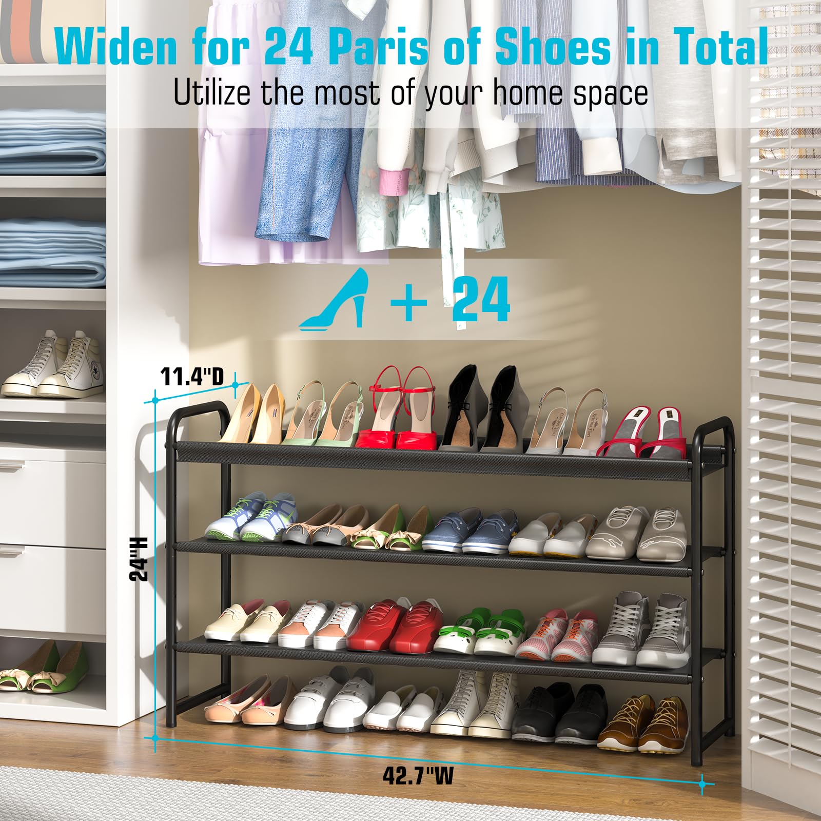 HYSEYY Long Shoe Rack for Closet, 3-tier Shoe Organizer Storage for Closet Holds 20-24 Pairs, Large Fabric Stackable Shoe Rack Shelf for Entryway, Bedroom, Floor, Black