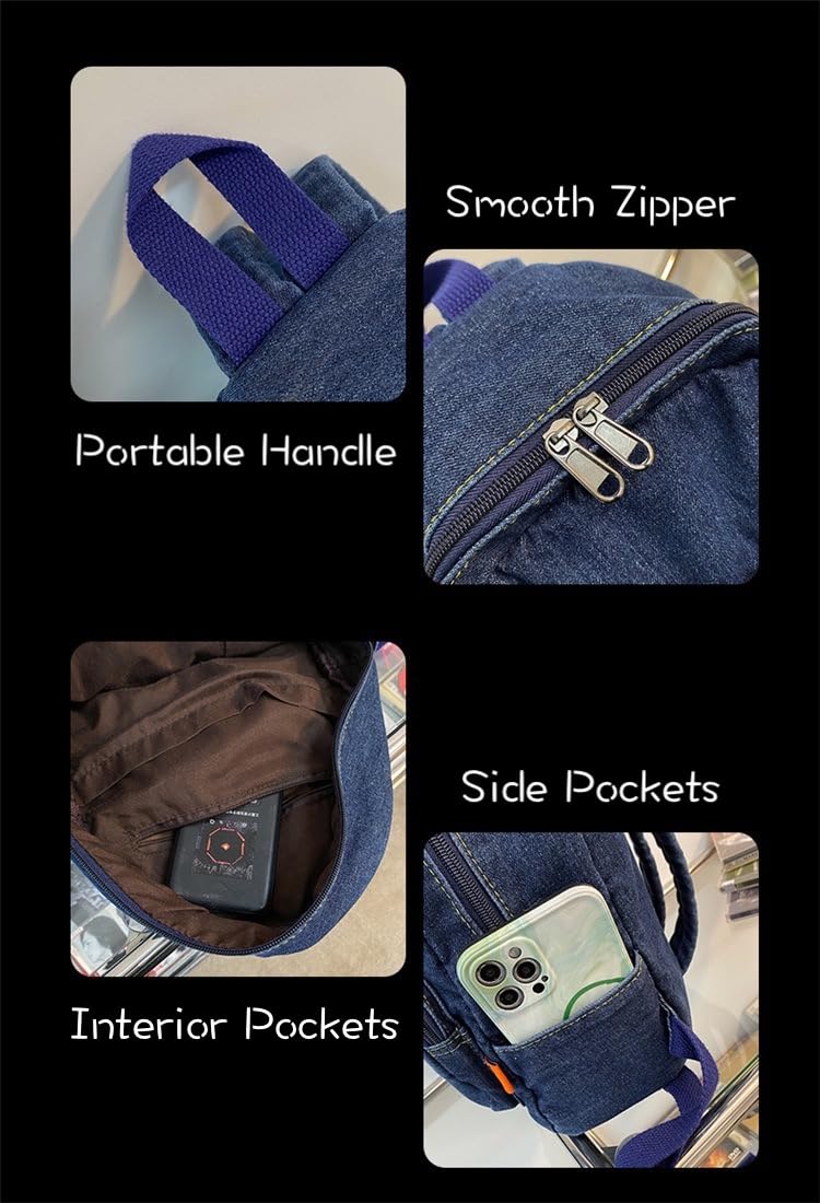JHTPSLR Small Denim Backpack for Women Vintage Aesthetic Backpack Mini Denim Backpack Canvas Backpack Casual Daypack (Dark Blue)