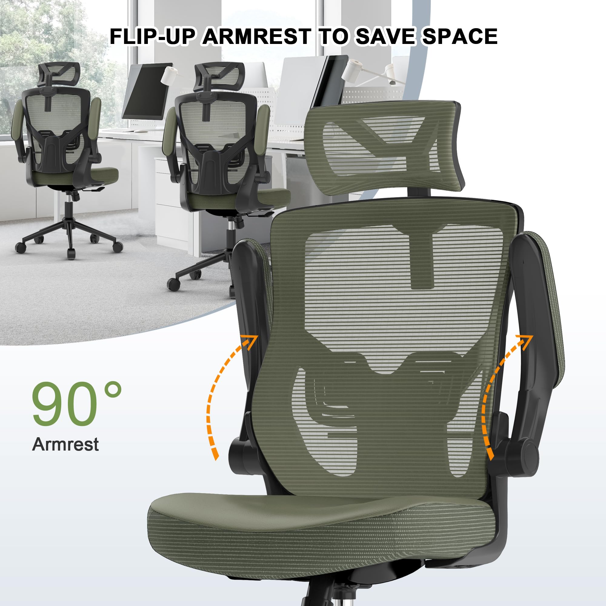 π―πΆπ΄π¬ πΆπππ°πͺπ¬ πͺπ―π¨π°πΉ, Ergonomic Mesh Desk Chair, High Back Computer Chair- Adjustable Headrest with Flip-Up Arms, Lumbar Support, Swivel Executive Task Chair (Hunter Green, Modern)