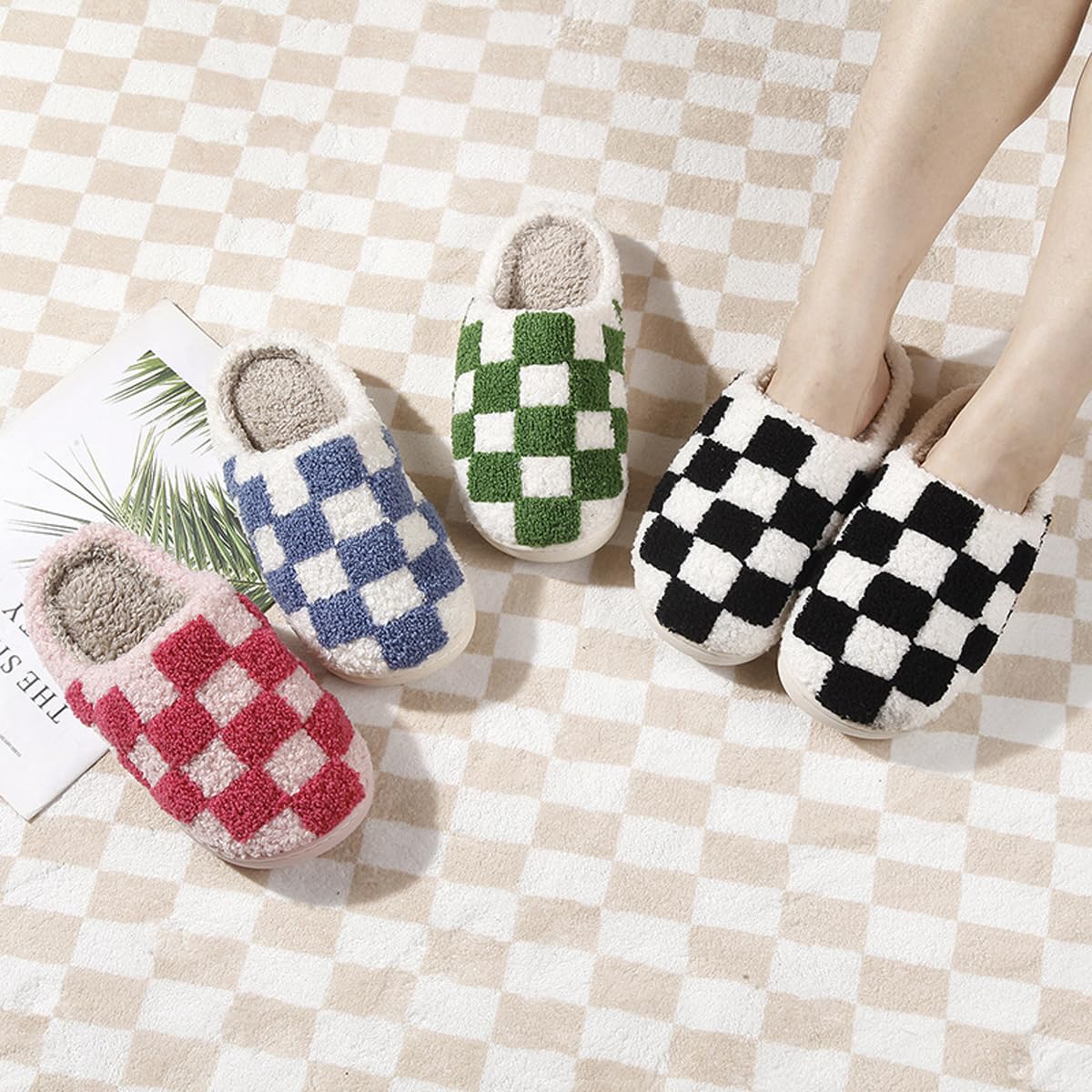 JINLONYU Checkered Slippers Cozy Warm Plush Slip-On House Shoes for Women Men Plaid Scuff Slides Blue 39-40