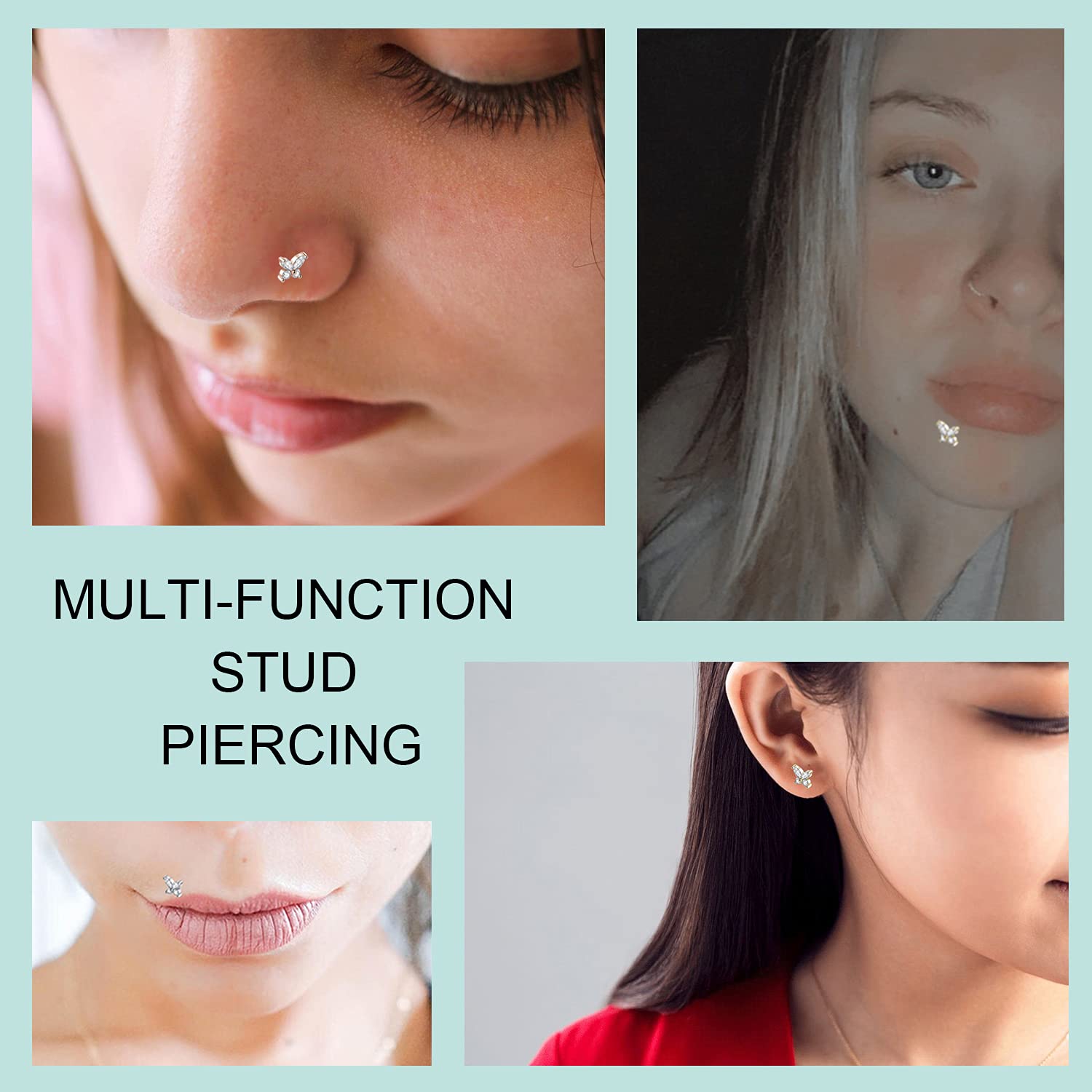 JINSAWW 16G Butterfly Internally Threaded CZ Labret Stud Stainless Steel Ear Cartilage Helix Tragus Conch Flat Back Piercing Stud Body Jewelery