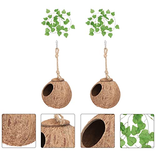 M I A 2 Pcs Crested Gecko Hut with 2 Vines Hanging Coconut Shell Reptile Treat Food Dispenser Bird Nest Reptile Hide Cave Lizard Nesting Hideout for Small Animal Random Color
