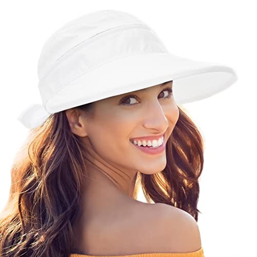 Womens Large Brim Sun Hat Uv Protection 2 in 1 Zip-Off Sun Protection Visor Beach Hat Packbale Foldable White
