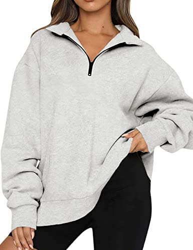 NOMMO Women's Slim Fit Half Zip Sweatshirt Quarter Zip Long Sleeve Drop Shoulder Pocket Pullover Sweatshirt Top 3XL Grey
