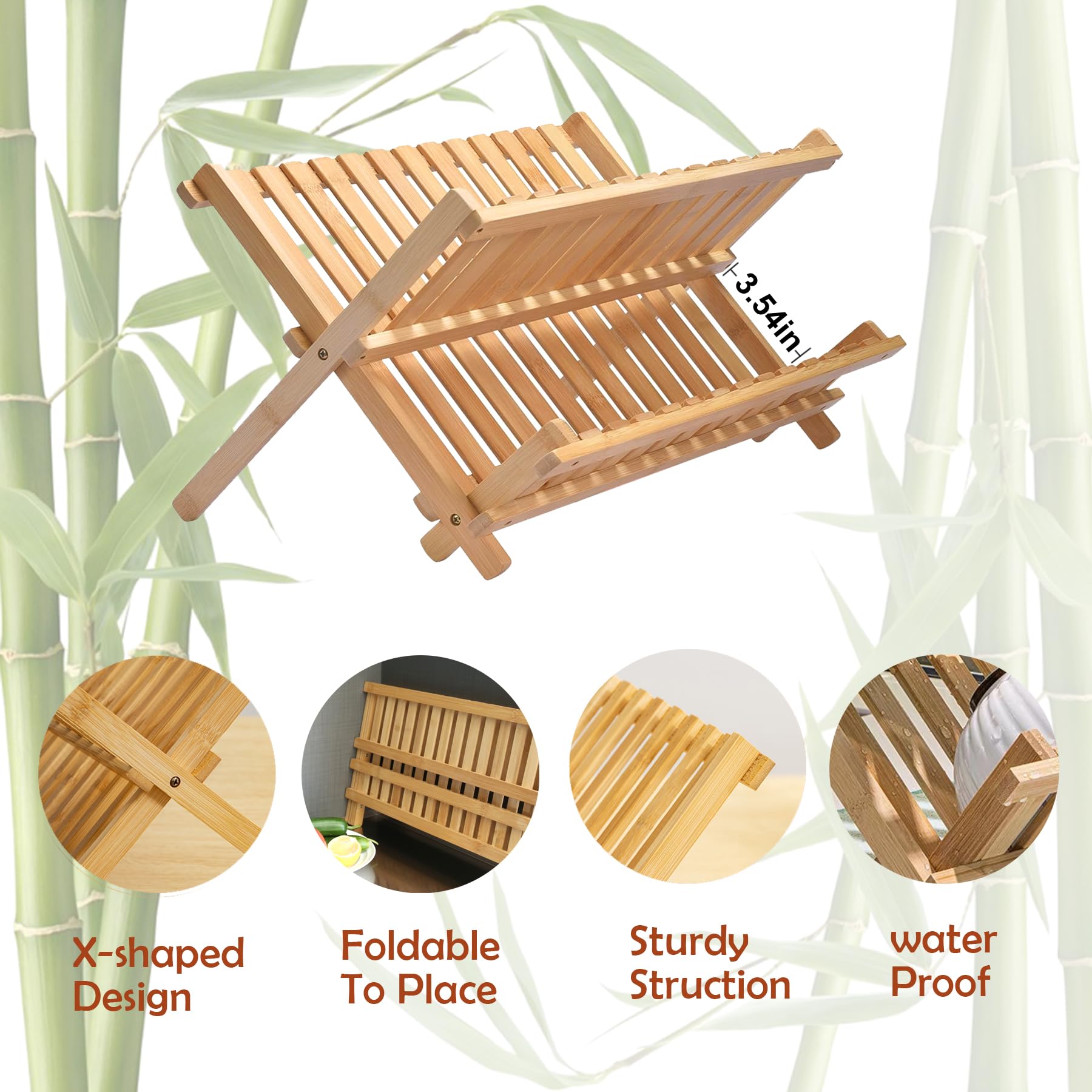 KAEASOUS Bamboo Dish Drying Rack - Large 2 Tier Wooden Dish Drying Rack for Kitchen, Wooden Plate Rack with Foldable Design, Drying Rack for Dishes, Utensils and Cups, Folding Dish Rack for Kitchen
