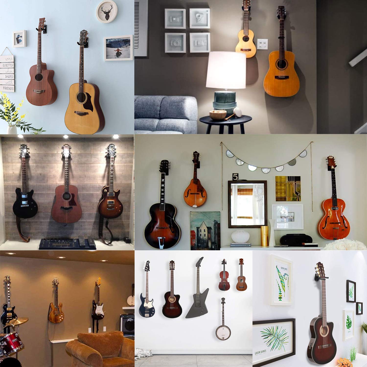 JMTEEA Guitar Wall Mount Hanger 2 Pack Hook Black Metal Guitar Holder Stand for All Size Musical Instruments Bass, Mandolin, Banjo, Violin, Ukulele Accessories