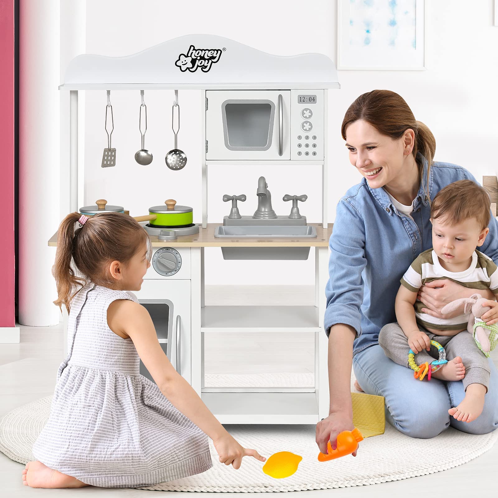 HONEY JOY Kids Wooden Kitchen Playset With Microwave, Sink, Stove & Oven, Cooking Accessories, Storage Shelf, Pretend Play Toy Kitchen Set, Gift for Boys Girls