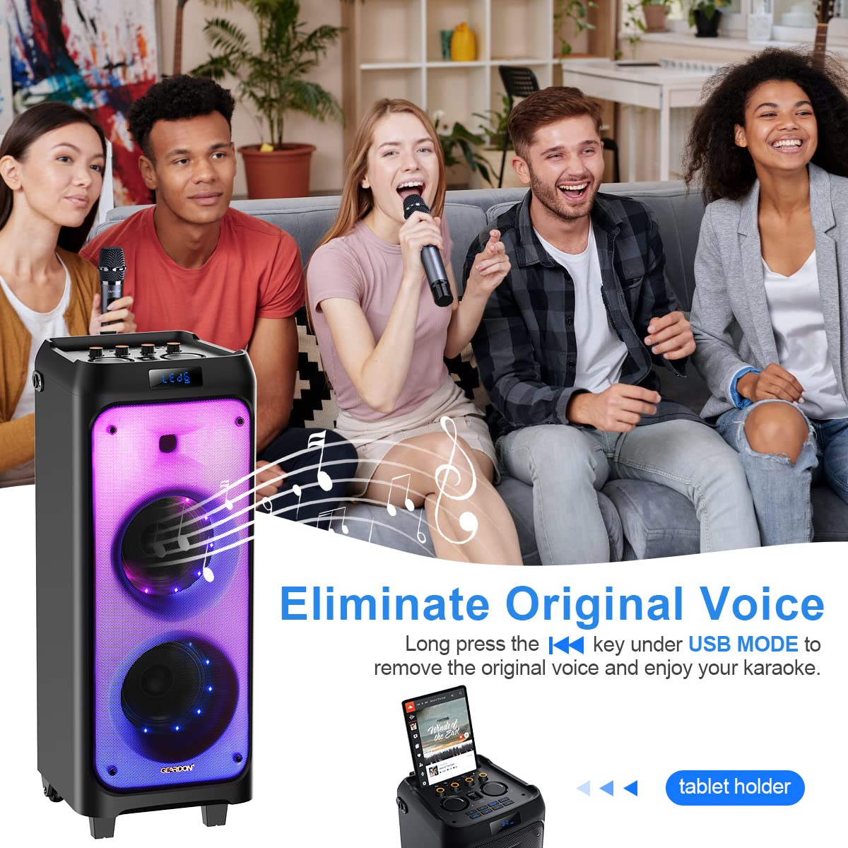 Karaoke Machine with Lyrics Display Screen for Adults, Built-in 15 Inches Tablet & Wifi, Portable Outdoor Bluetooth Loud-Speaker w/Wireless Microphones for Singing Party, Recording, DJ Lights